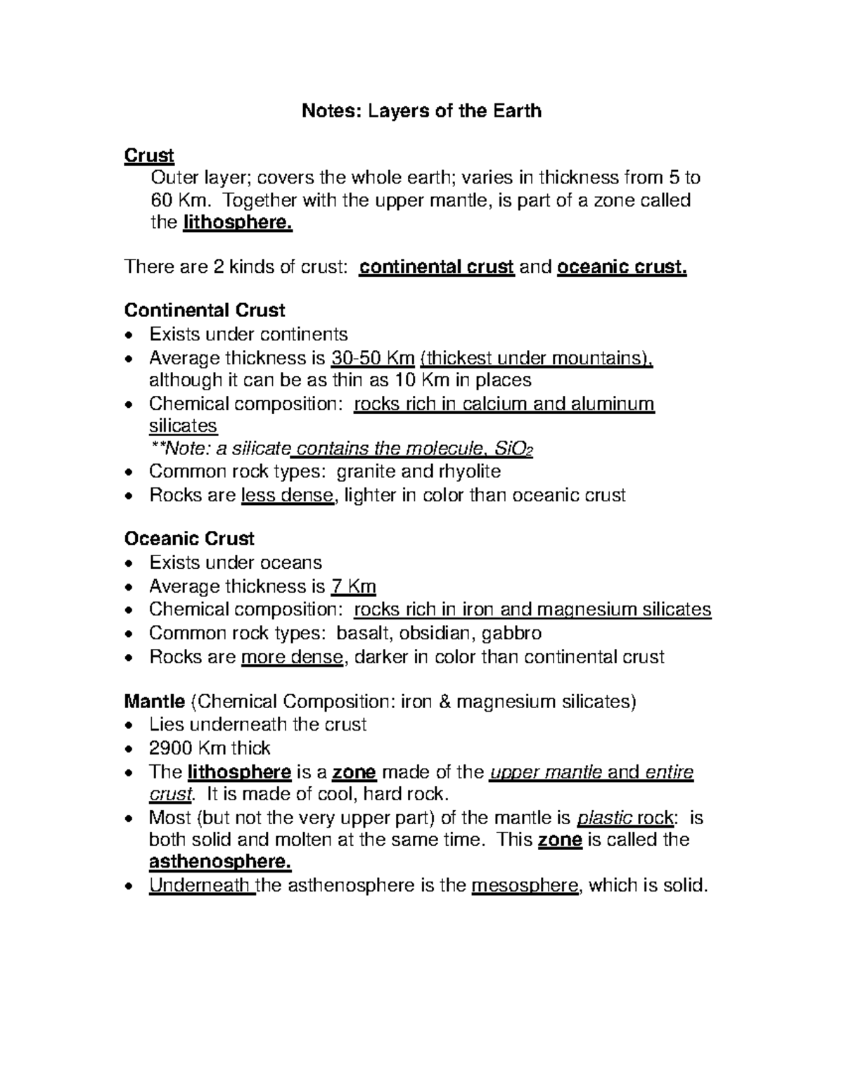 Notes - Earths Layers - Notes: Layers of the Earth Crust Outer layer ...
