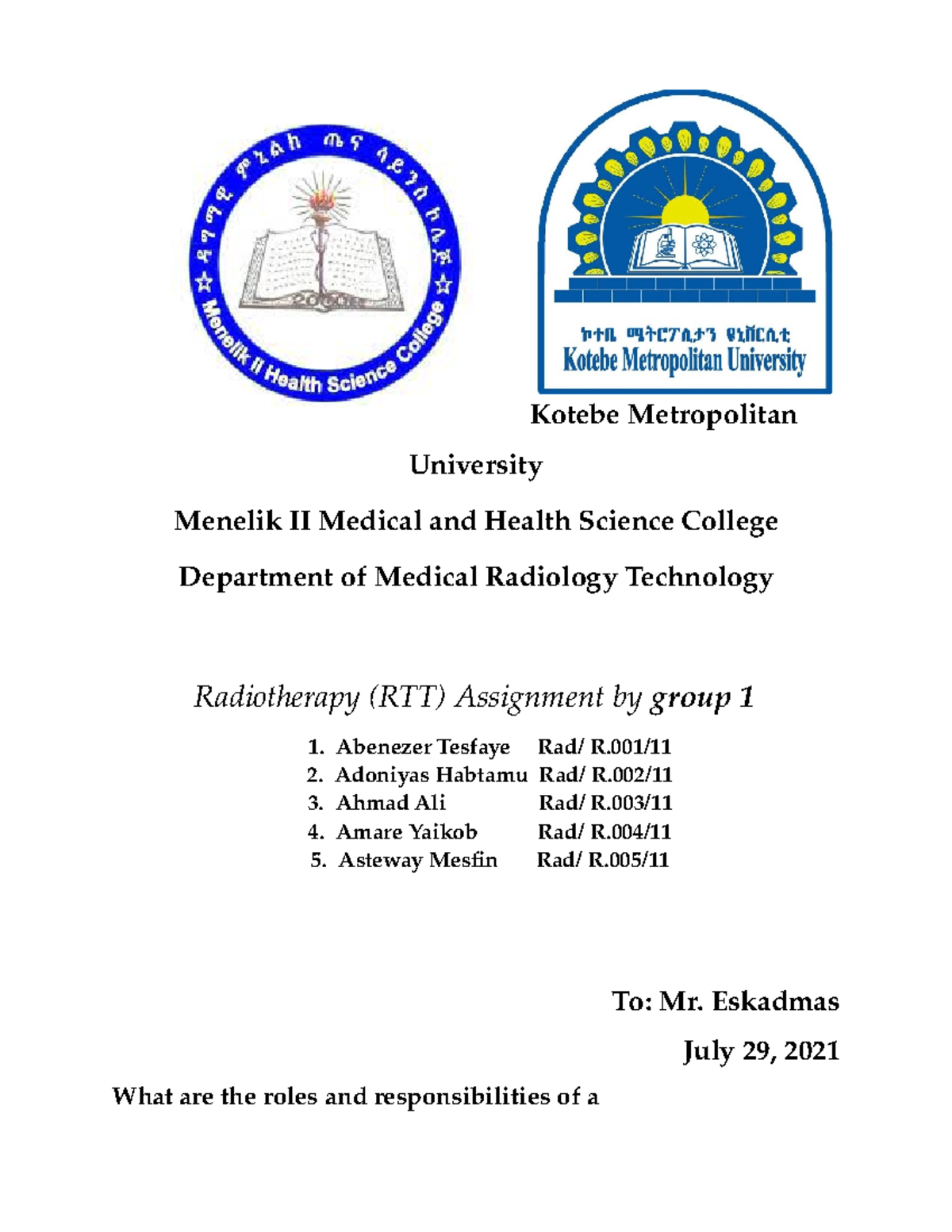 RTT assignment group 1 - Lecture notes 1 - Kotebe Metropolitan ...
