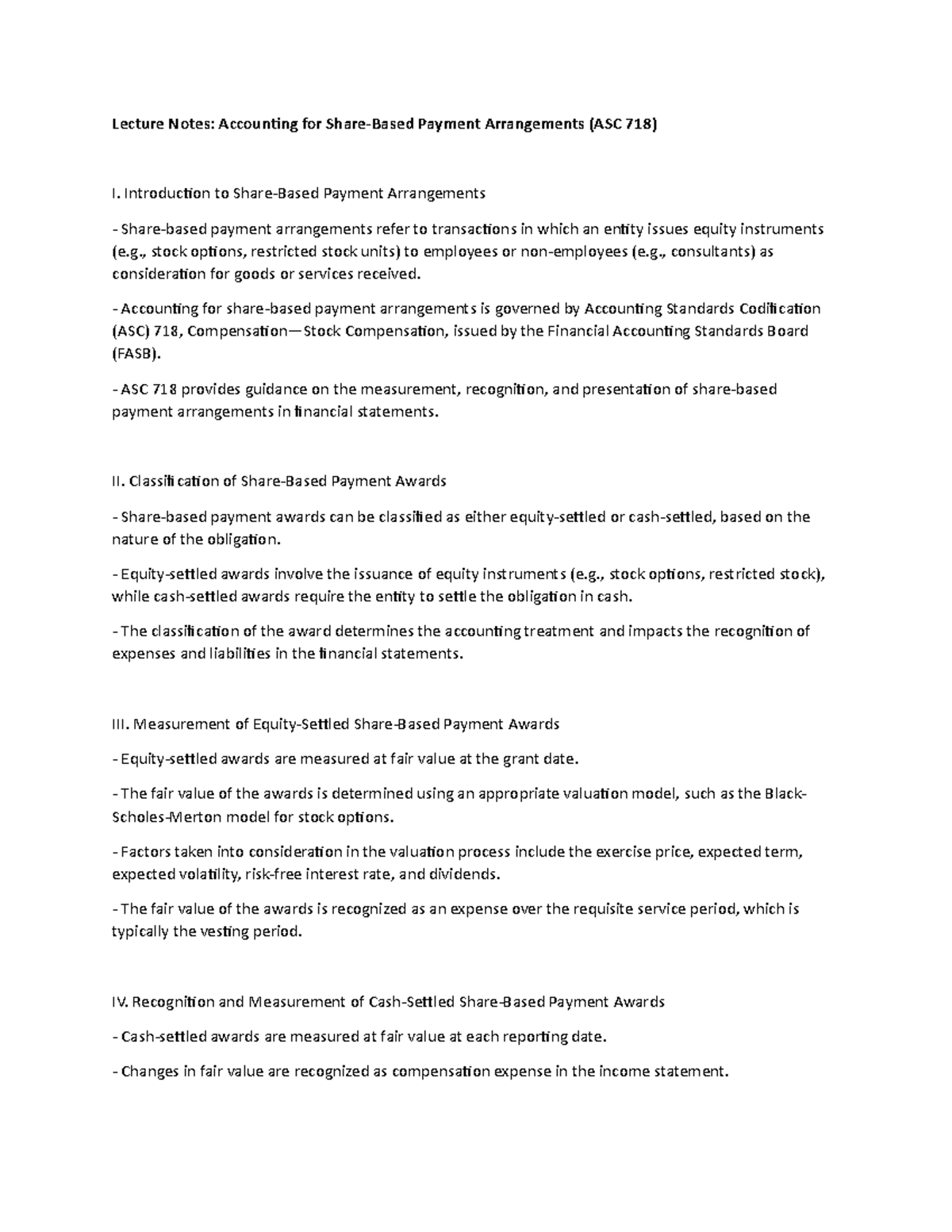 Lecture Notes: Accounting for Share-Based Payment Arrangements (ASC 718 ...