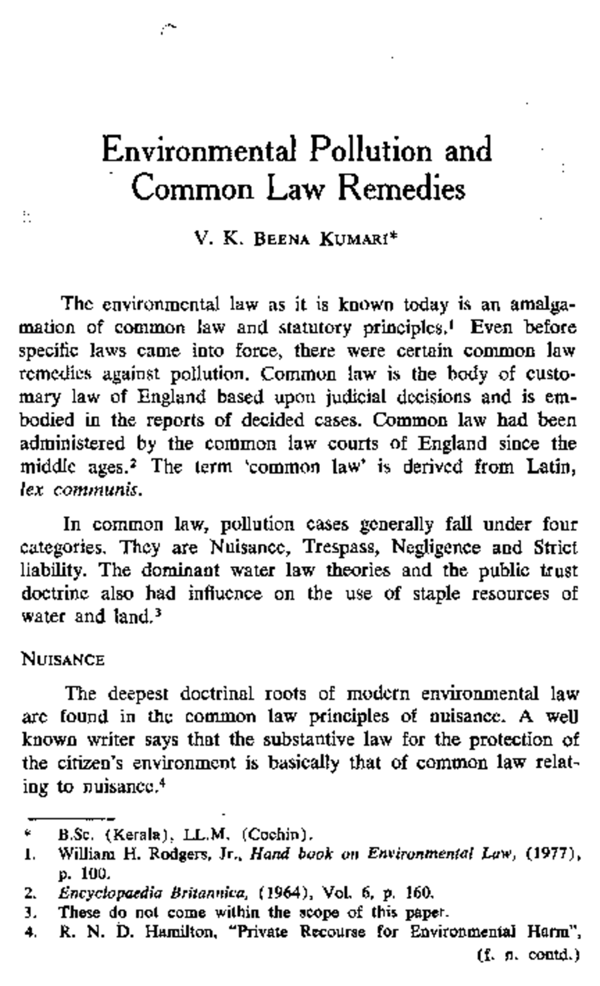 Environmental Pollution and Common Law Remedies - K. BEENA KUMARI* The ...