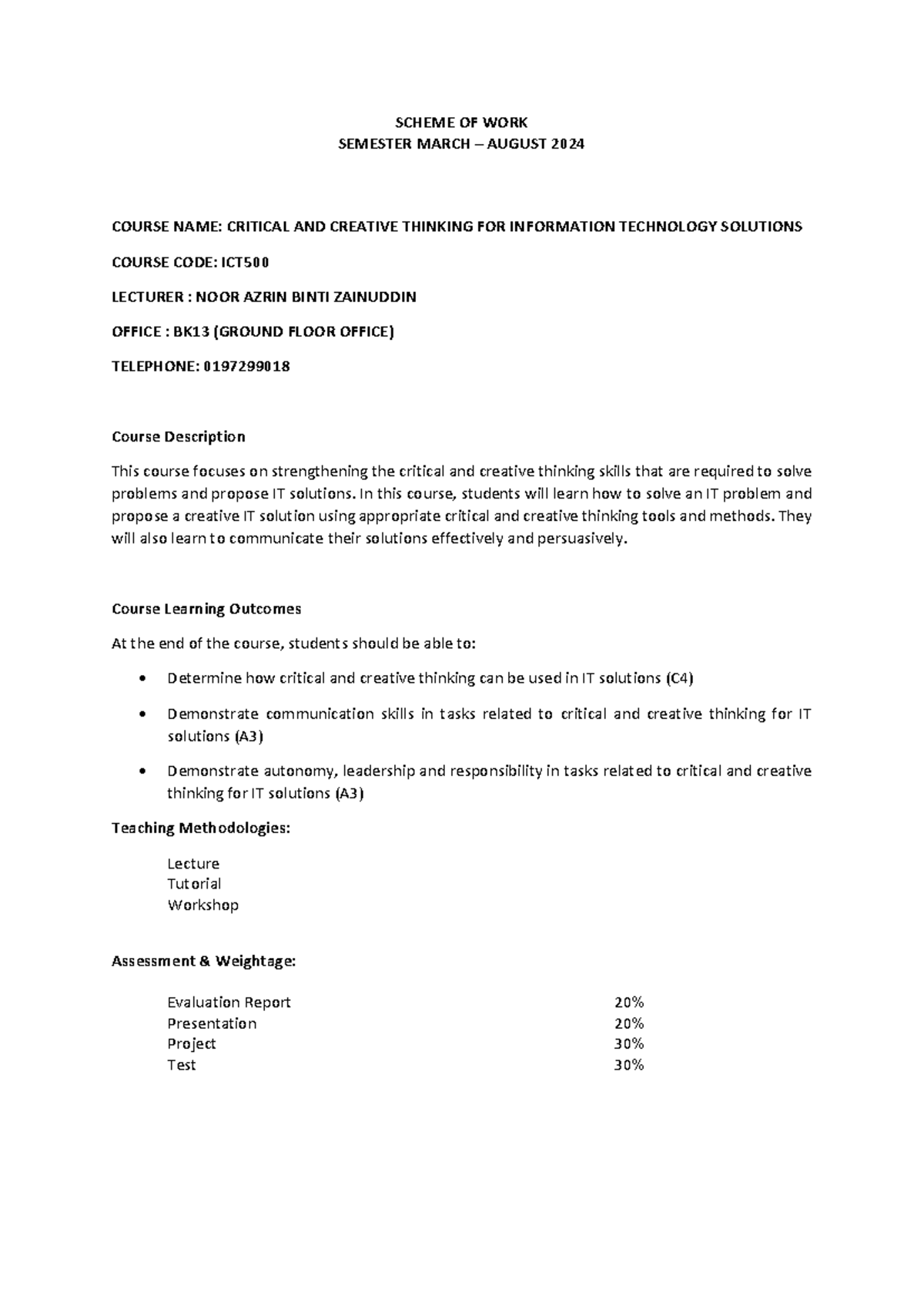 Sow - sow - SCHEME OF WORK SEMESTER MARCH – AUGUST 2024 COURSE NAME ...