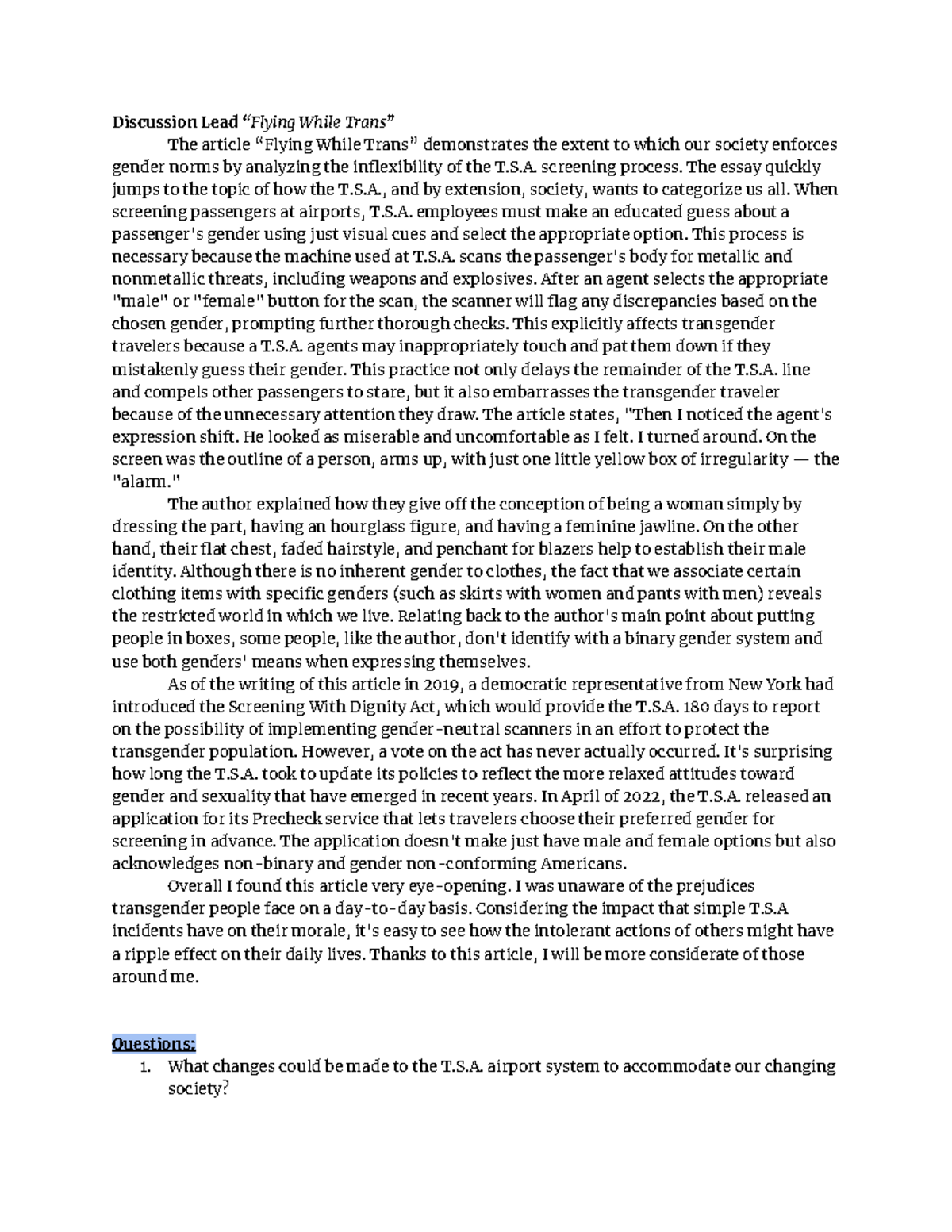 ENG 2100 10/13 presentation day - Discussion Lead “Flying While Trans ...
