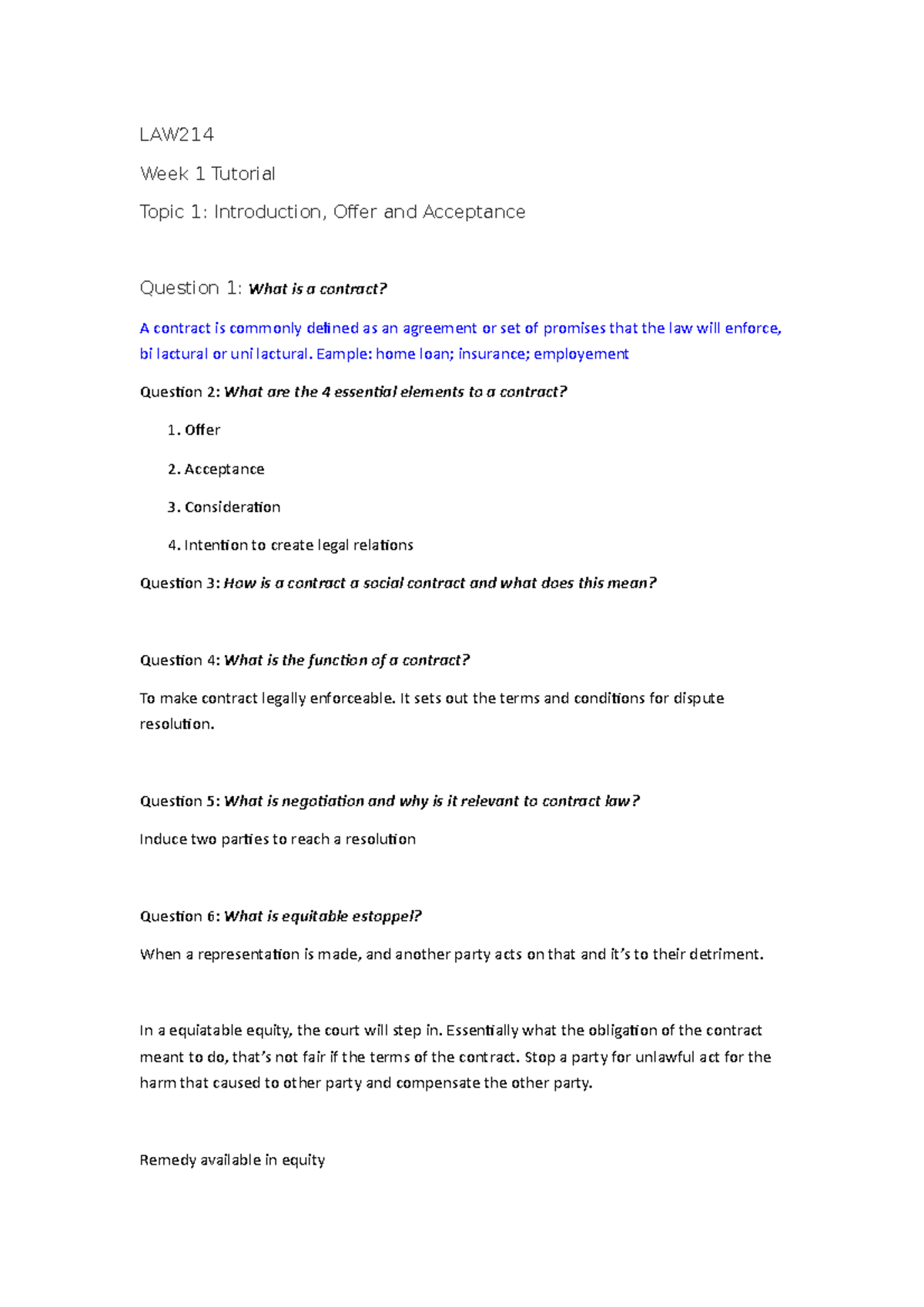 Contract law tutorial question - LAW Week 1 Tutorial Topic 1: Introduction, Offer and Acceptance ...