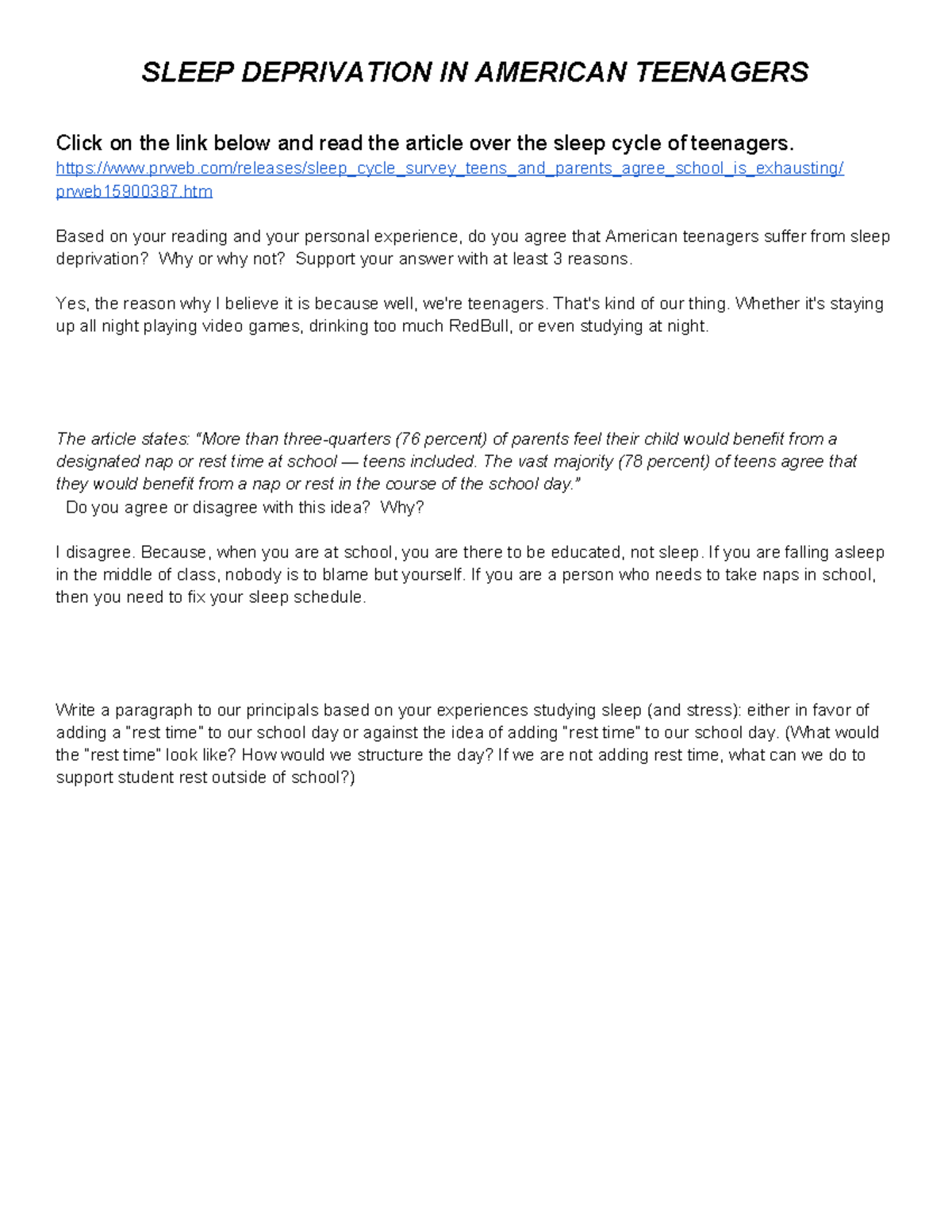 Article Sleep Deprivation - SLEEP DEPRIVATION IN AMERICAN TEENAGERS ...