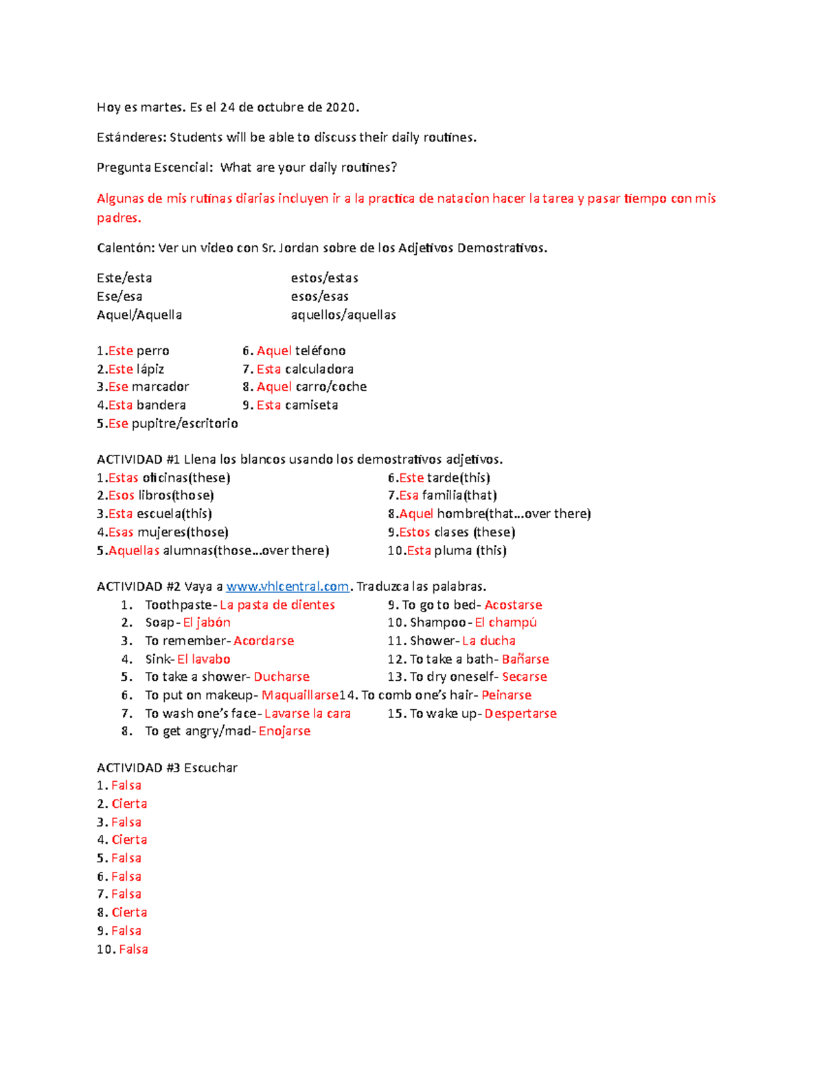 11 10 20 Daily Routine vocabulary words - Hoy es martes. Es el 24 de ...