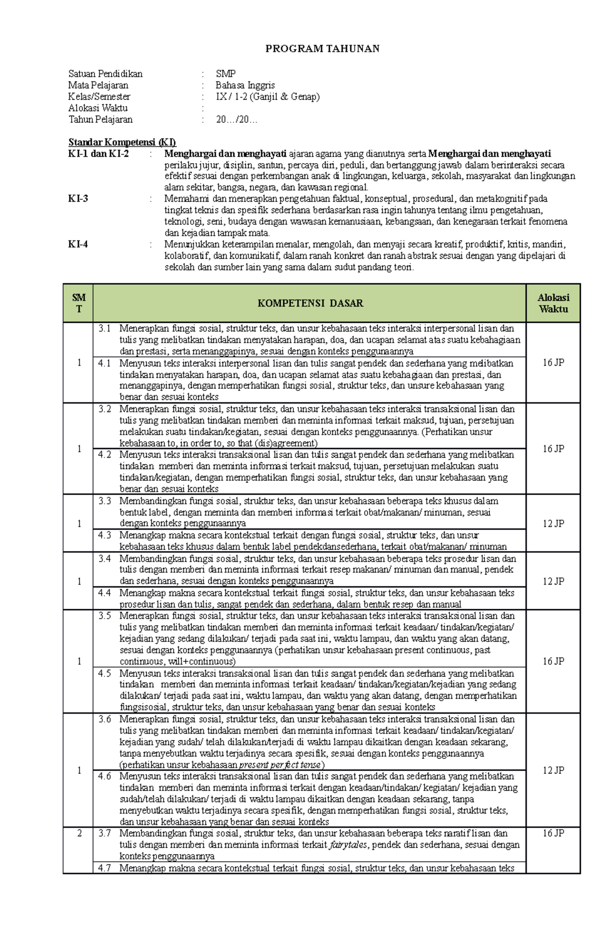 Centralpendidikan.com Program Tahunan - PROGRAM TAHUNAN Satuan Pendidikan : SMP Mata Pelajaran ...