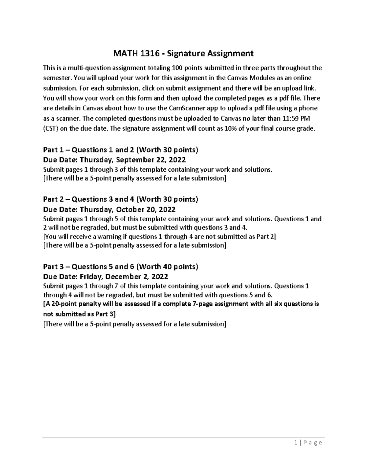 Signature assignment Pt - 1 | P a g e MATH 1316 - Signature Assignment This is a multi-question ...