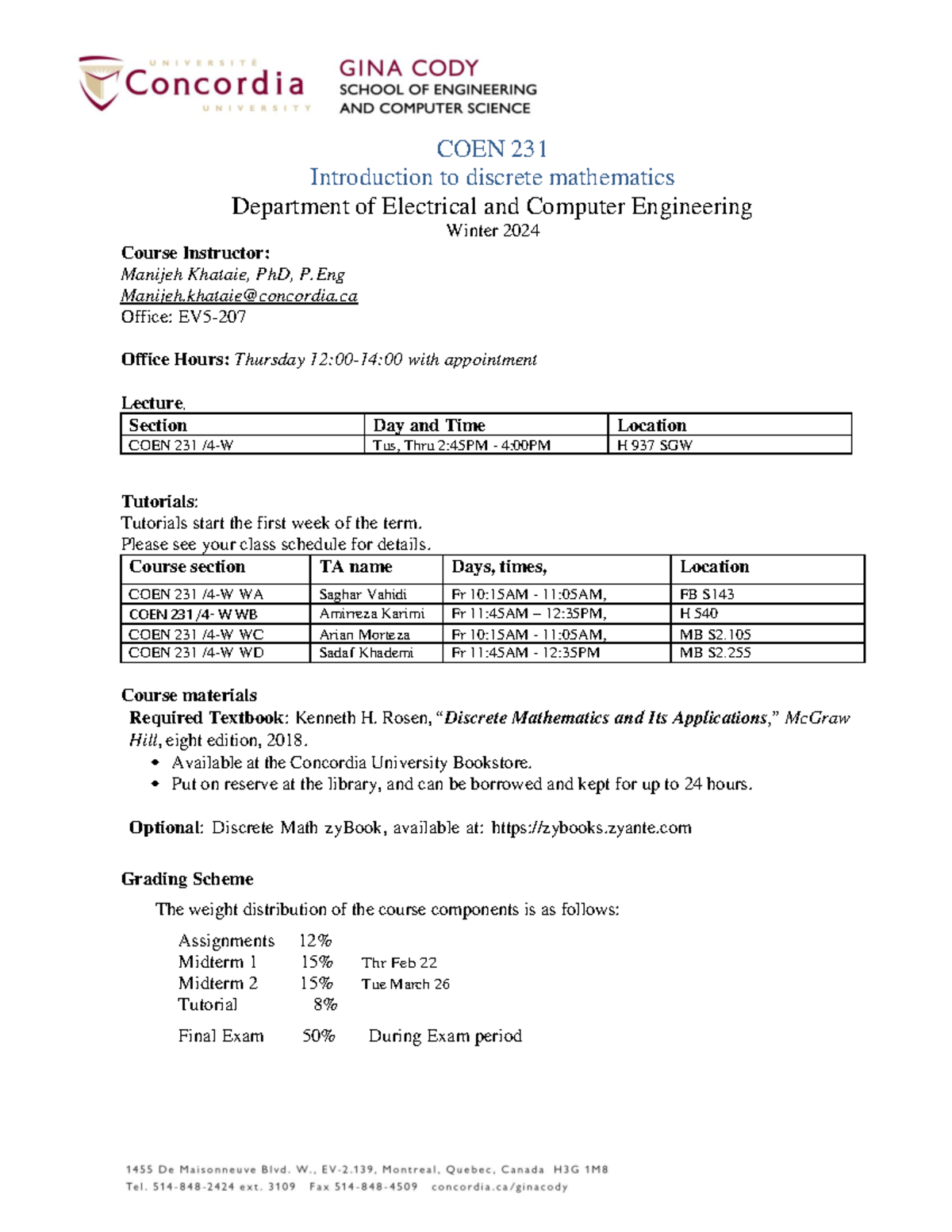 COEN-231-Course Outline-rev2 - COEN 231 Introduction to discrete mathematics Department of - Studocu