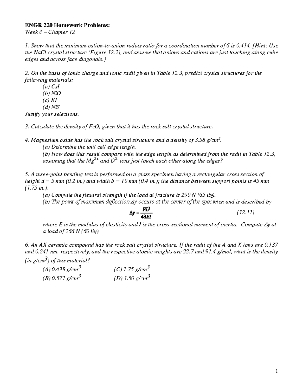 ENGR 220 Week 6 Ch. 12 Homework Problems(1) - 1 ENGR 220 Homework Problems: Week 6 – Chapter 12 ...