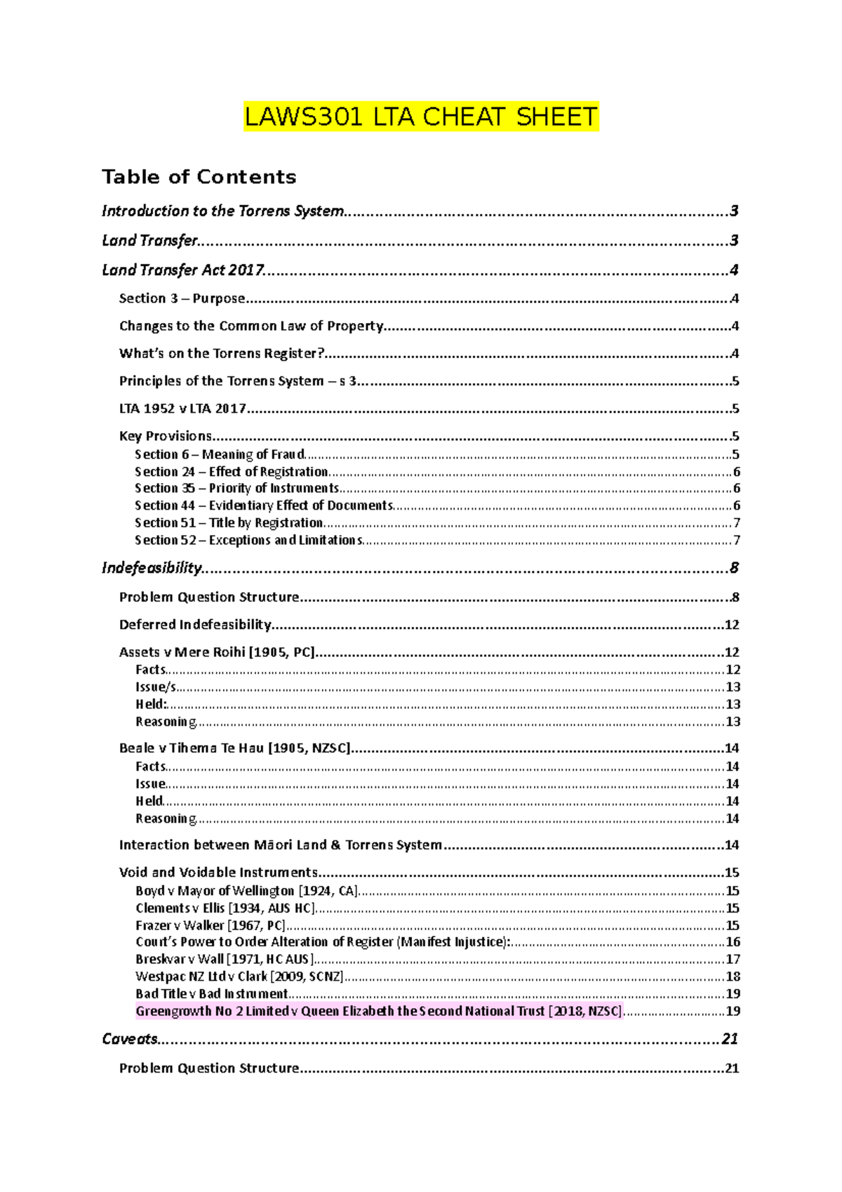 LTA Cheat Sheet - End of year exam Land Transfer Act summary - LAWS301 LTA CHEAT SHEET ...