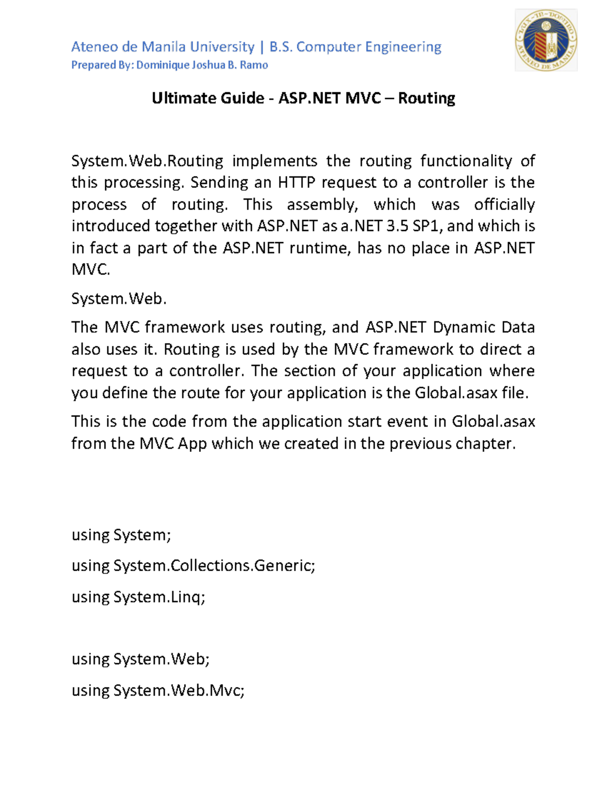 Ultimate Guide Aspnet Mvc Routing Prepared By Dominique Joshua B Ramo Ultimate Guide