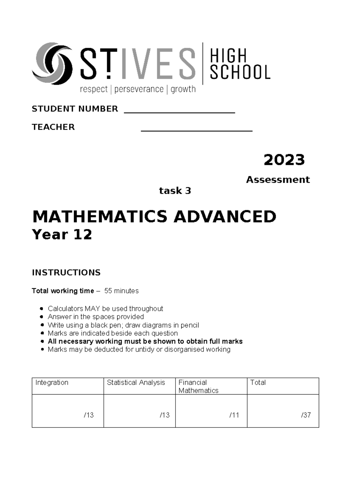 2023 Y12 Adv Task 3 V2 - STUDENT NUMBER ___________________________ TEACHER - Studocu