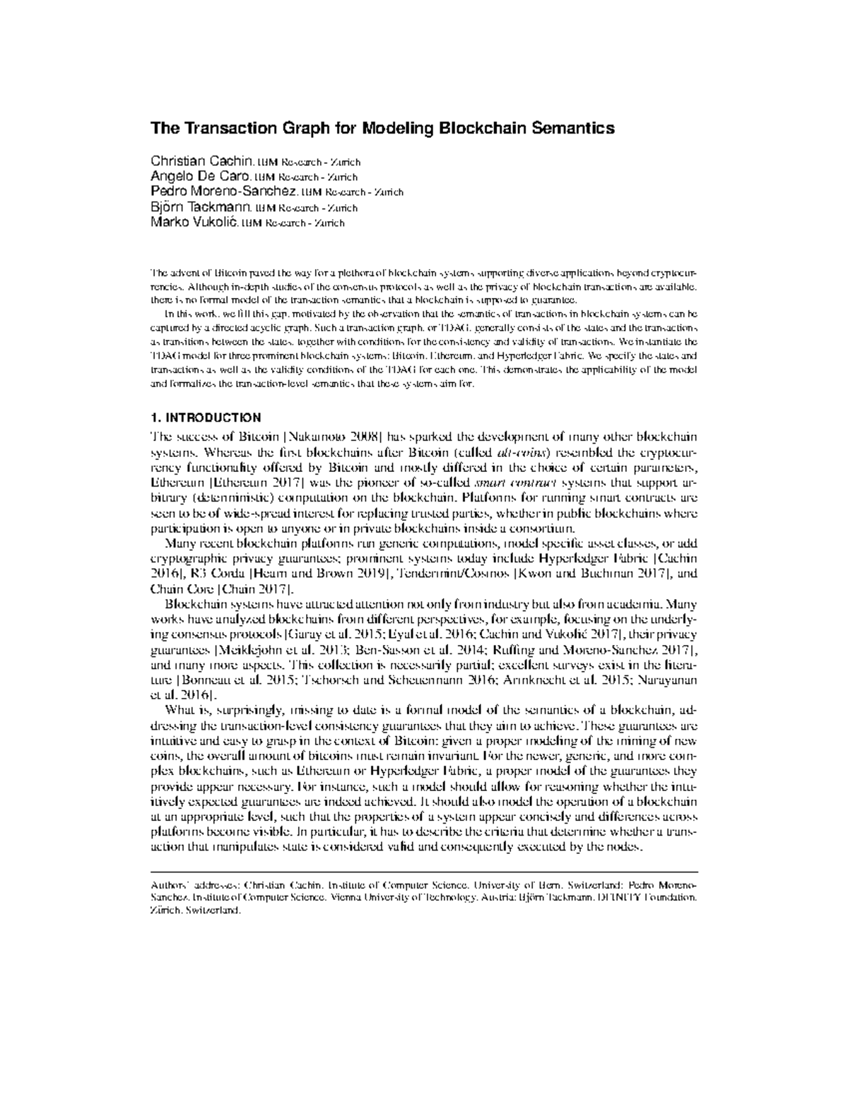 8. The Transaction Graph for Modeling Blockchain Semantics Author Christian Cachin,Angelo De ...