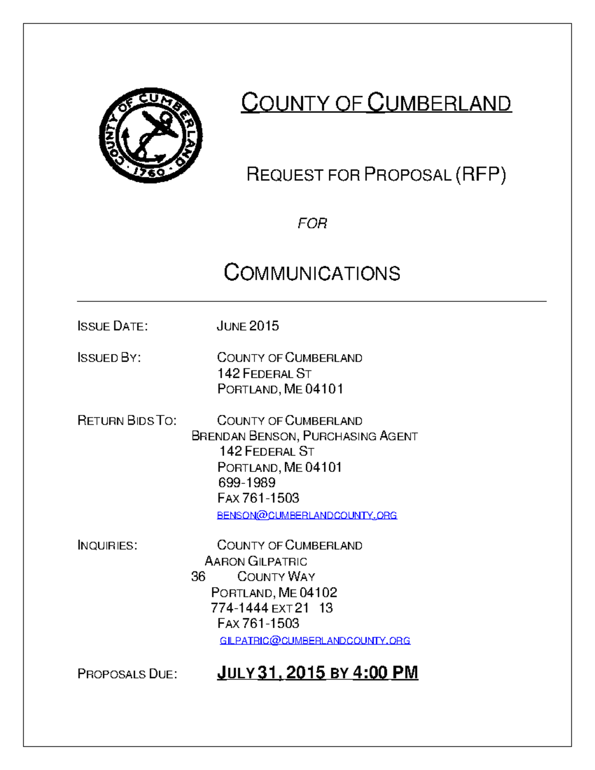 Communications Network RFP 2015 - COUNTY OF CUMBERLAND REQUEST FOR ...