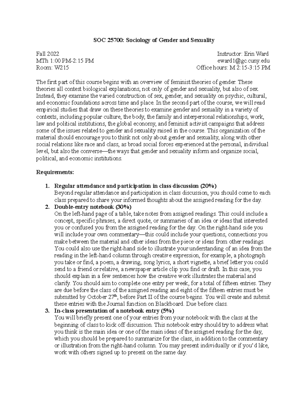 Sociology of Gender and Sexuality Syllabus - SOC 25700: Sociology of ...