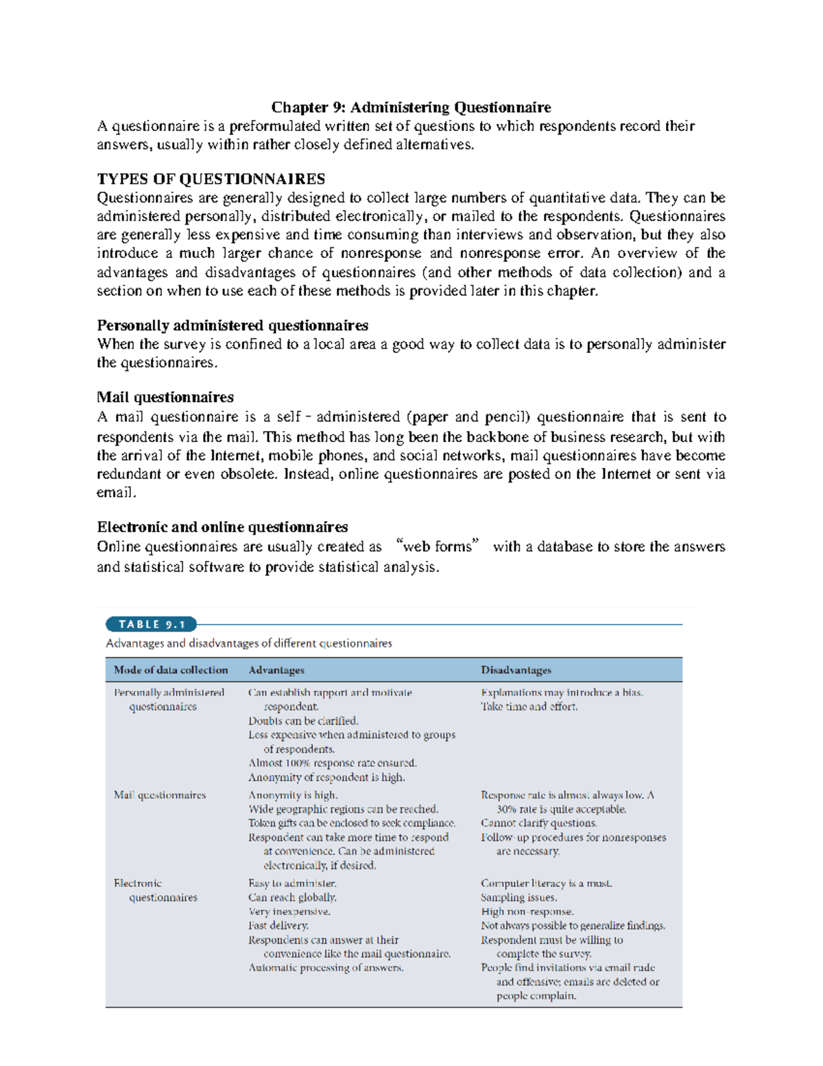 Chapter 9 - Chapter 9: Administering Questionnaire A questionnaire is a ...