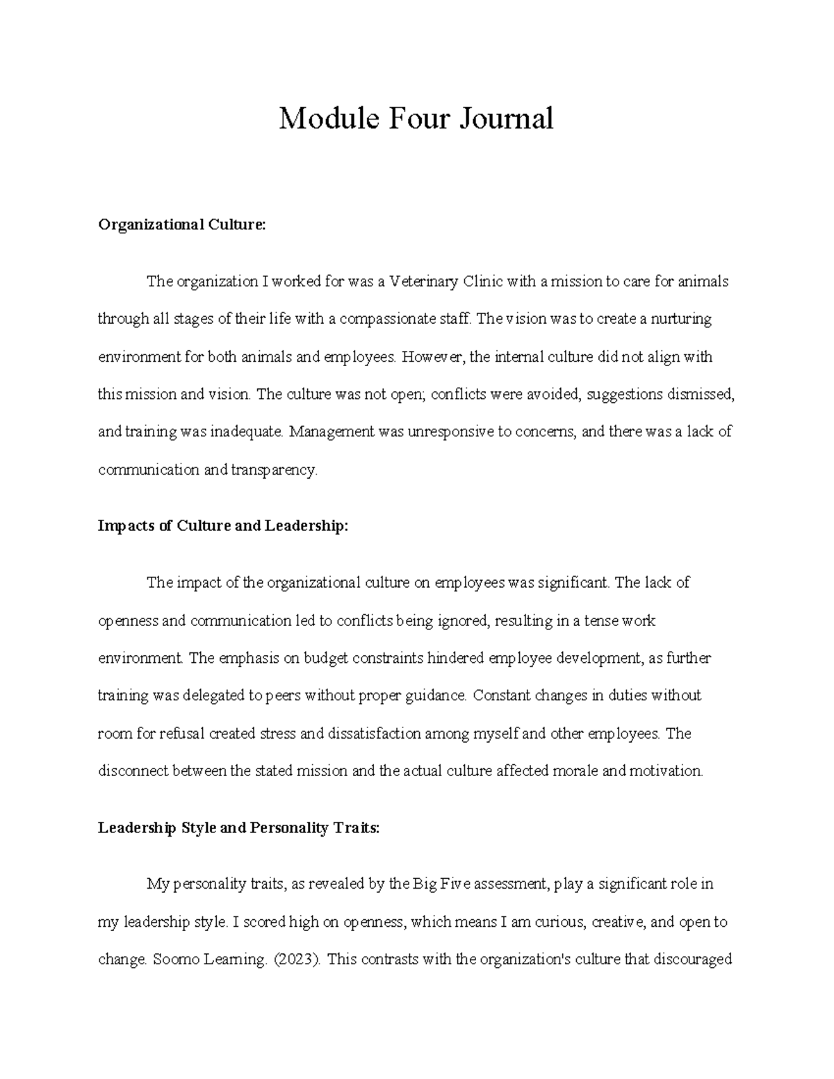 4-3 Journal: Organizational Culture and Leadership Assignment - Module ...