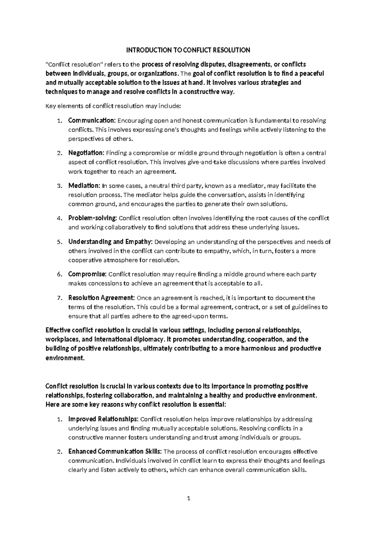 Introduction to conflict resolution - INTRODUCTION TO CONFLICT ...