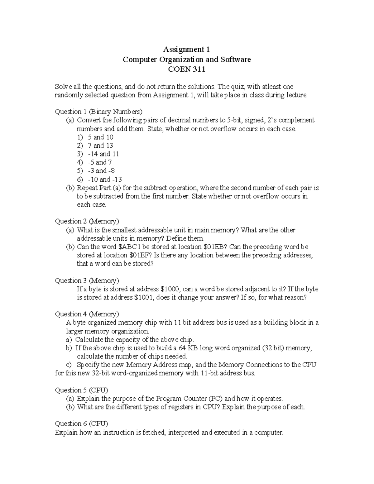 Ass1 - Assignment - Assignment 1 Computer Organization and Software COEN 311 Solve all the - Studocu