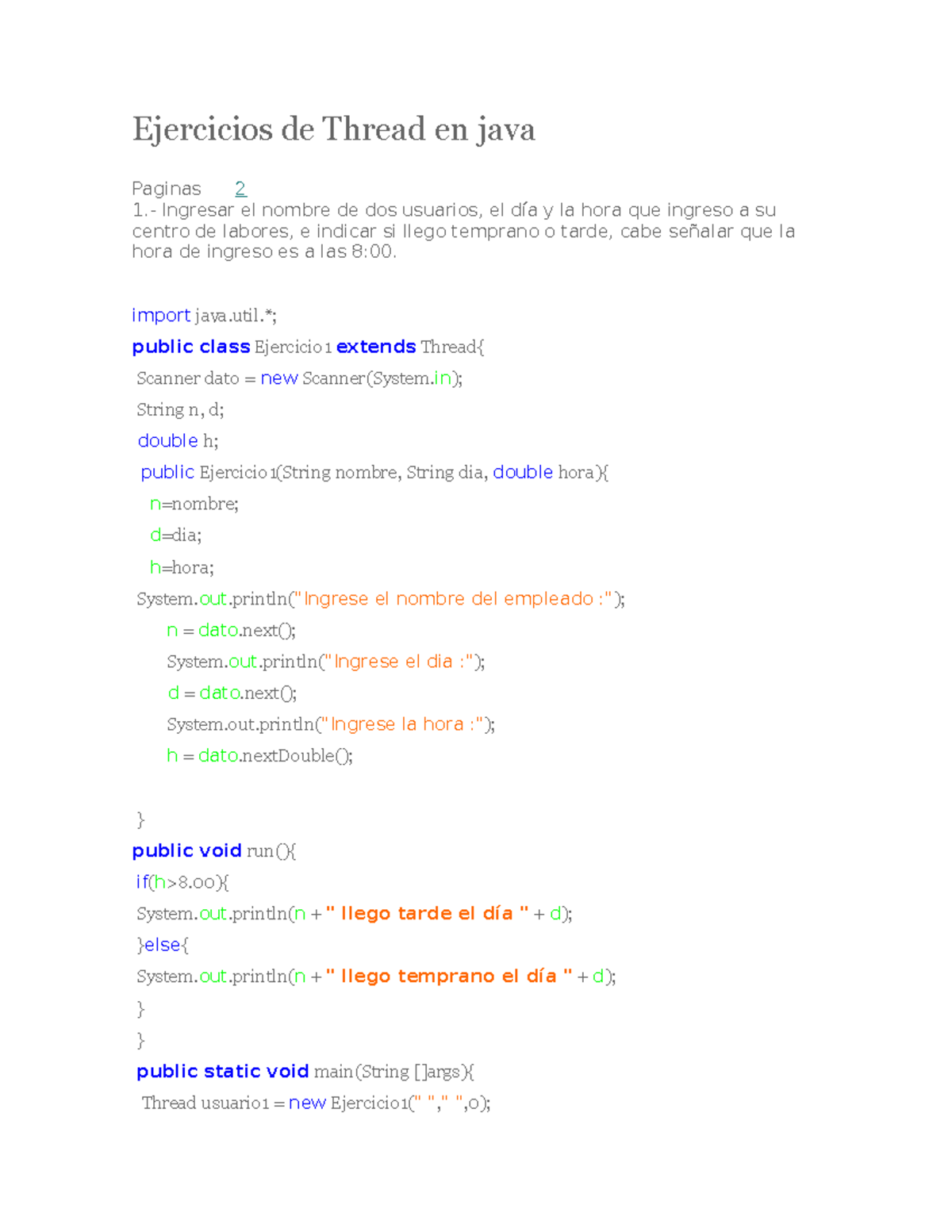 Exa2 - resumen - Ejercicios de Thread en java Paginas 2 1.- Ingresar el nombre de dos usuarios ...