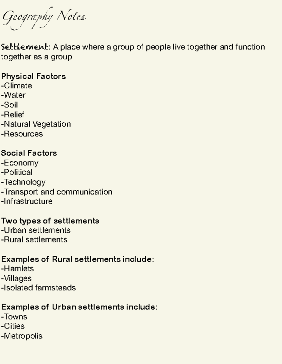 Geography Term 3 Notes - Geography Notes Settlement: A place where a ...