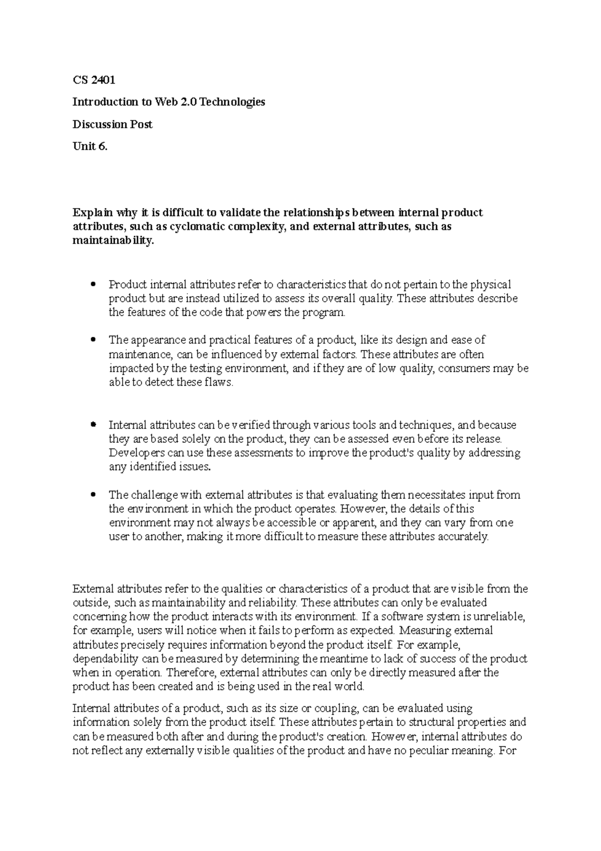 CS 2401 Discussion post Unit 6 - CS 2401 Introduction to Web 2 ...