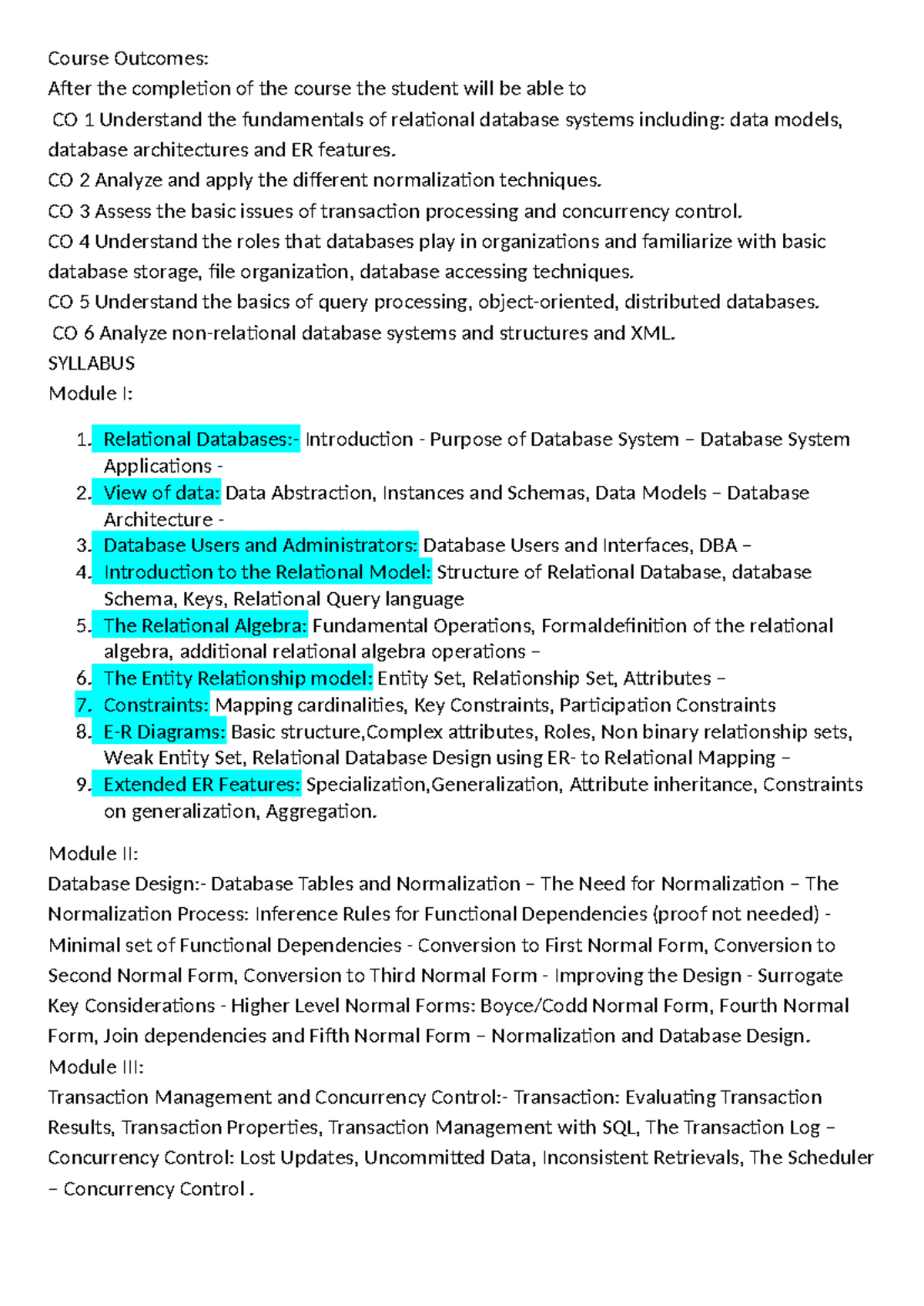 Advance DBMS syllabus - Summary MCA - Course Outcomes: After the ...