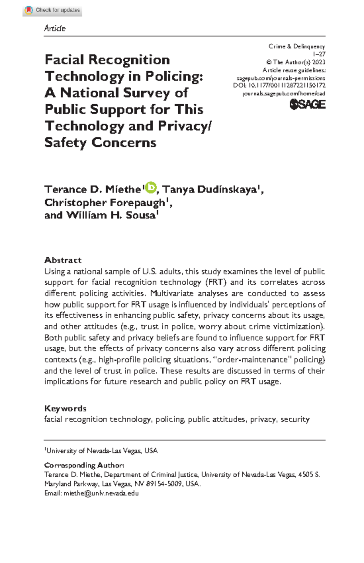 00111287221150172 - Article - doi/10.1177/ Crime & Delinquency 1 ...