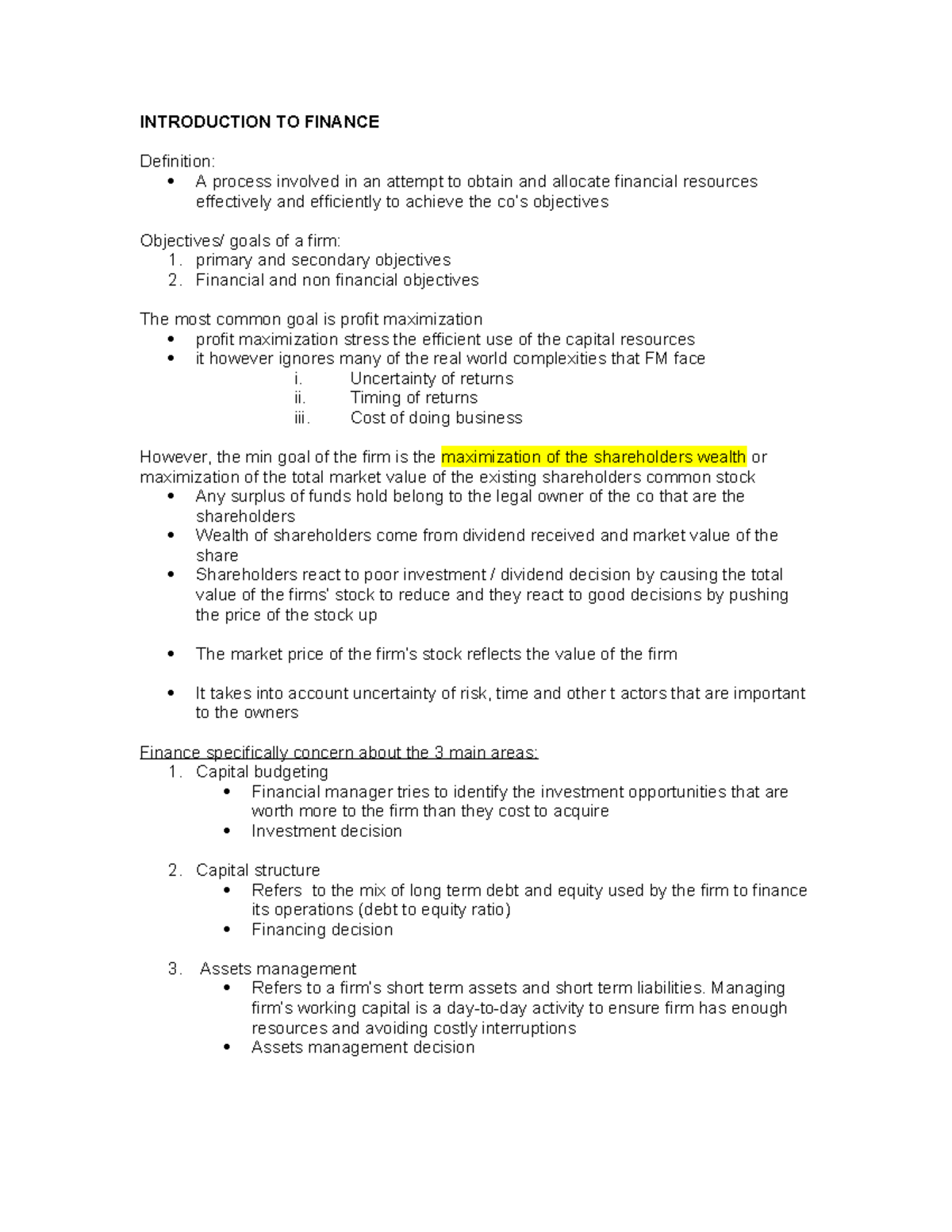 Notes on Chapter 1 - past year question - INTRODUCTION TO FINANCE ...