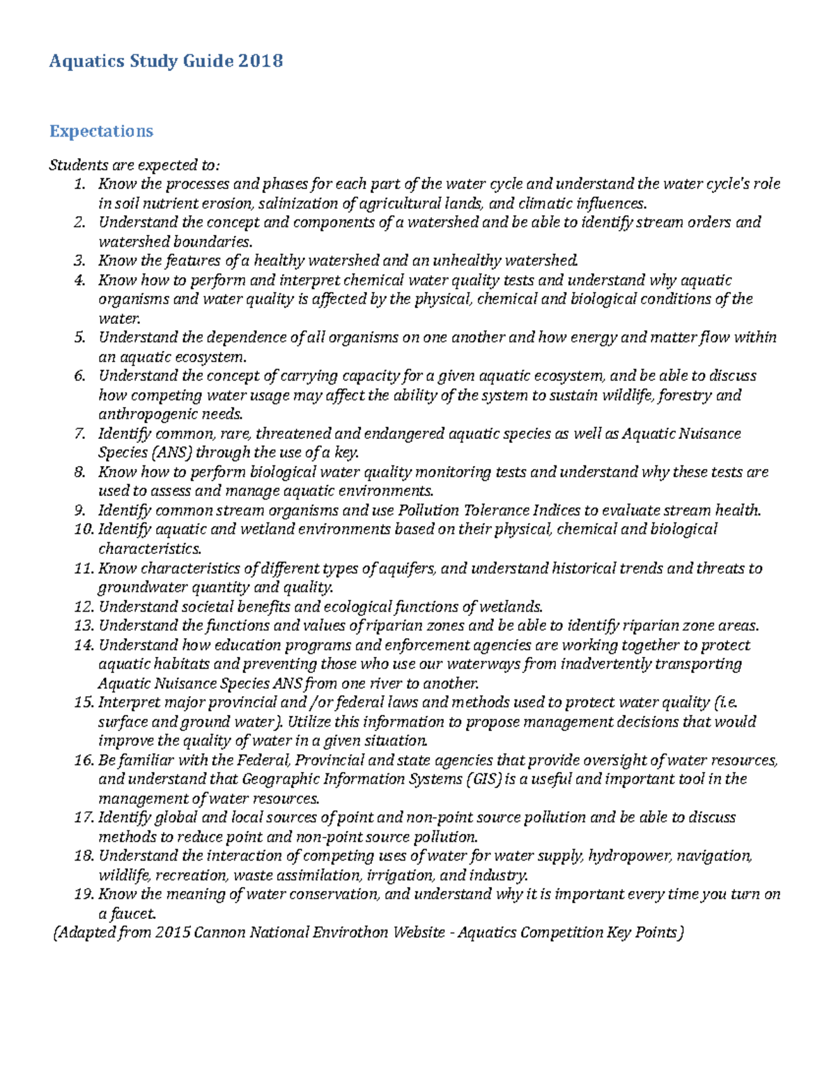 Aquatics Study Guide 2018 - Aquatics Study Guide 2018 Expectations Students are expected to: 1 ...