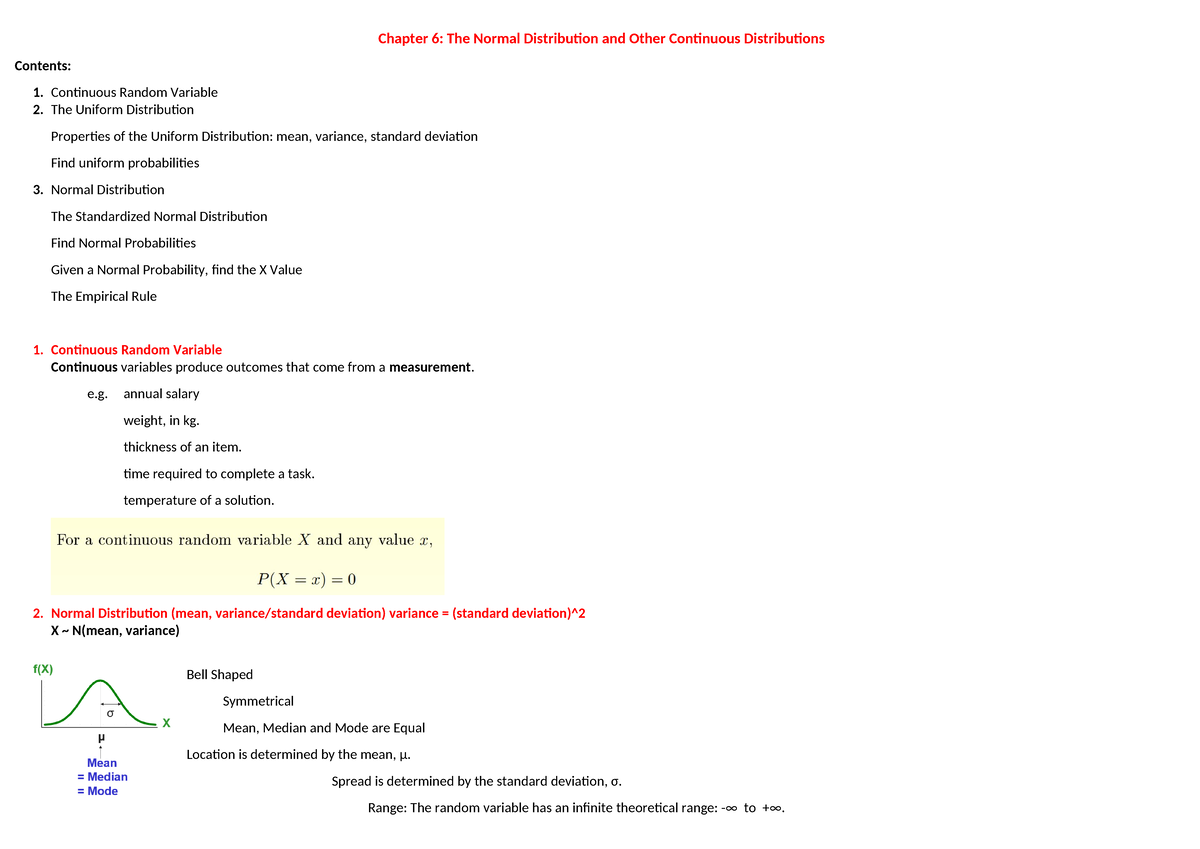 Ch6-Summary - Chapter 6: The Normal Distribution and Other Continuous ...