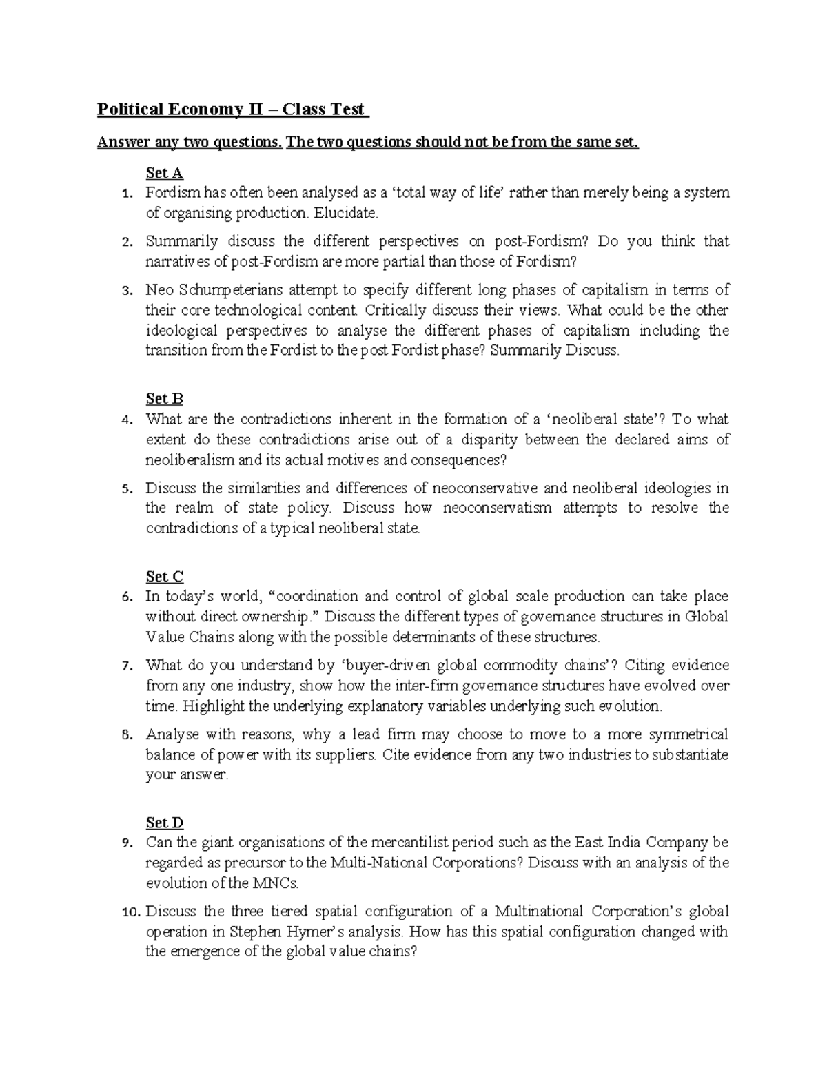 Political Eco II - Political Economy II – Class Test Answer any two ...