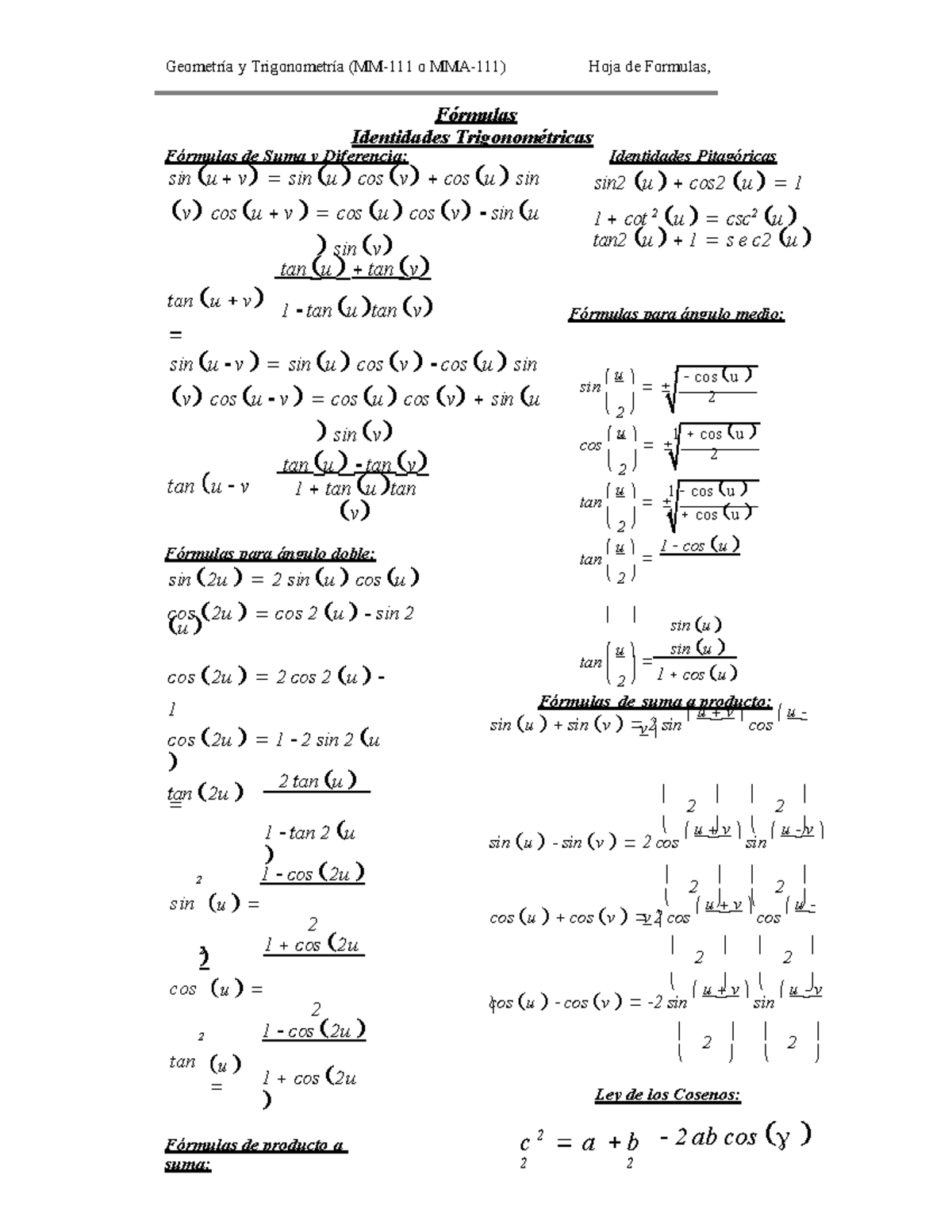 Formulas MM 111 - 2 2 2 2 2 1 cos u 2 1 cos u 2 1 cos u 1 cos - Studocu