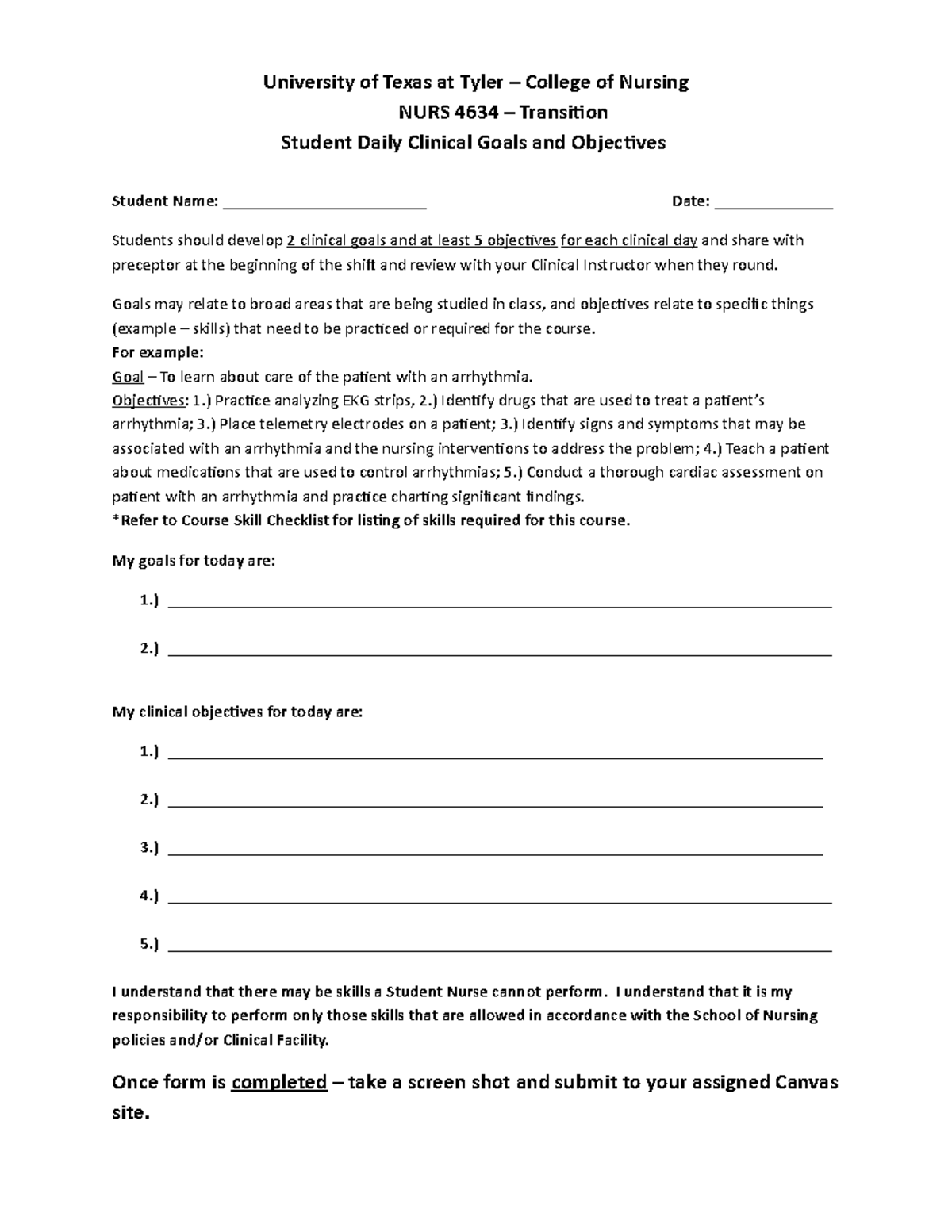 Daily Goals Summer Transitions - nur 601 - Chamberlain University - Studocu