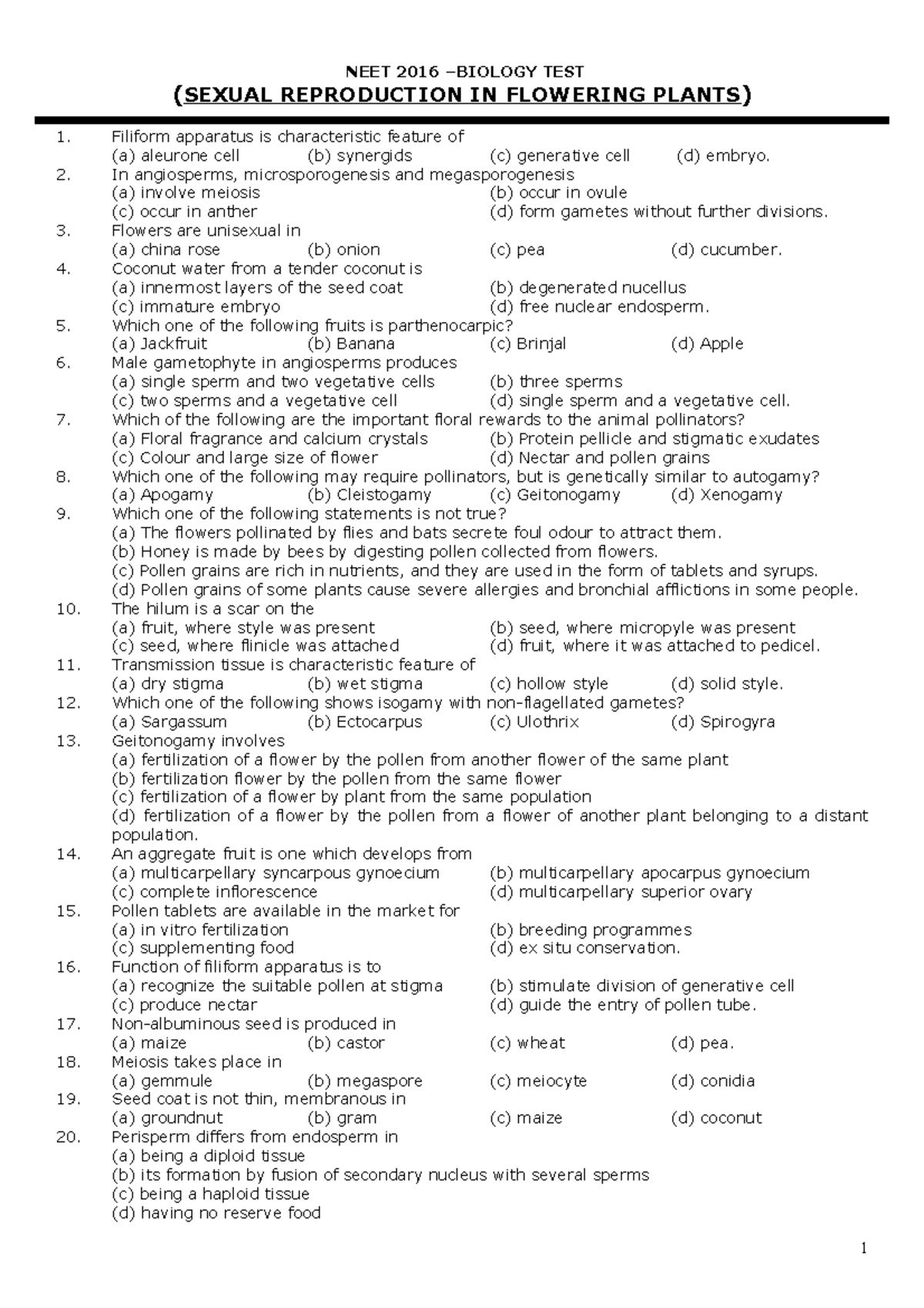 14.Sexual reproduction in Flowering plants - NEET 2016 –BIOLOGY TEST ...