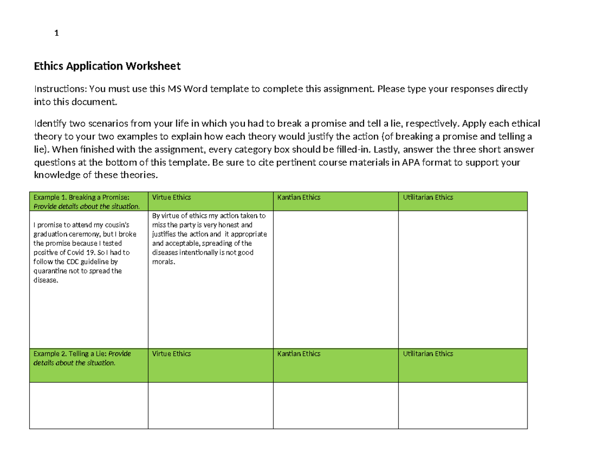 Ethics Application Worksheet Template - 1 Ethics Application Worksheet ...