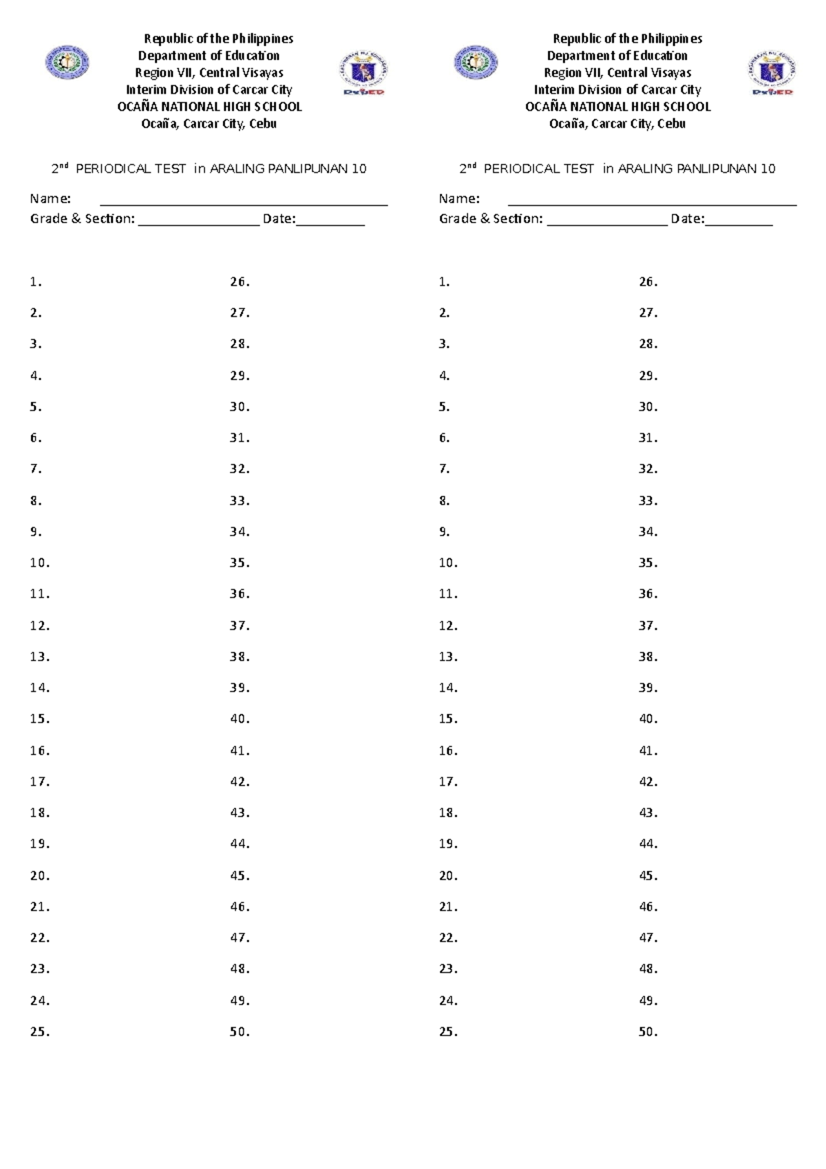 Answer Sheet - tEMPLATE - Republic of the Philippines Department of ...