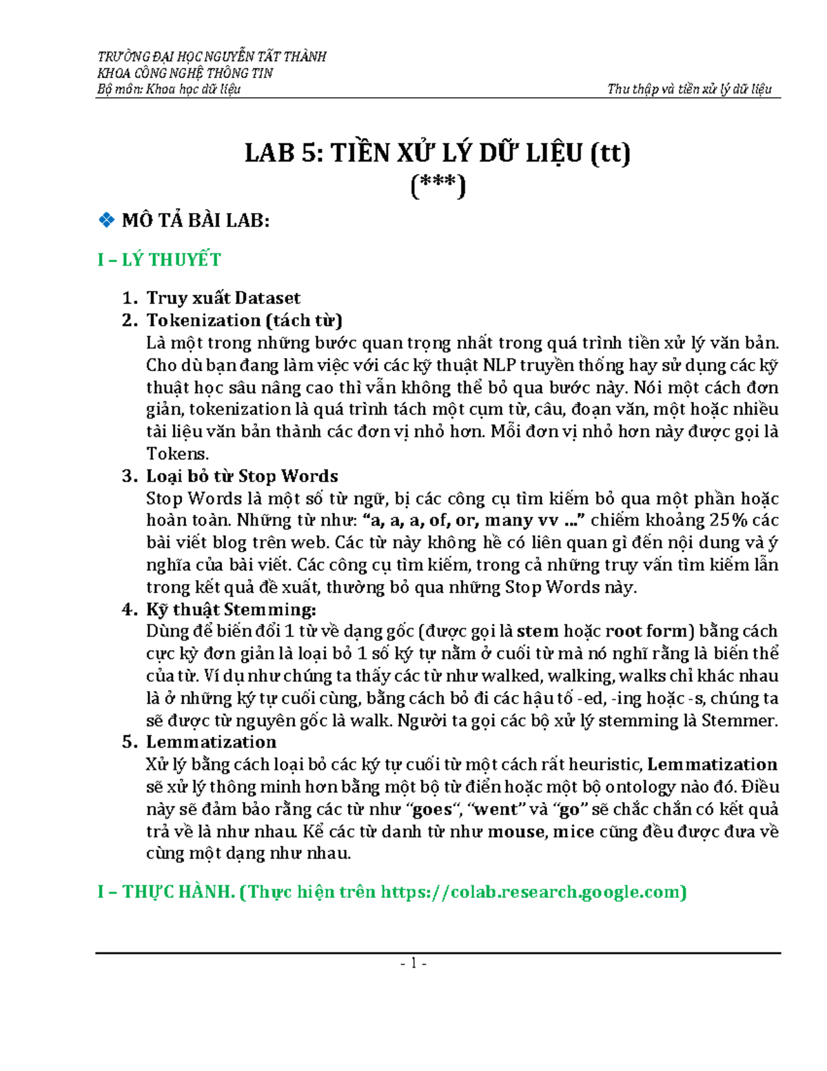 Lab 5 Data preprocessing p2 - KHOA CÔNG NGHỆ THÔNG TIN Bộ môn: Khoa học dữ liệu Thu thập và tiền ...