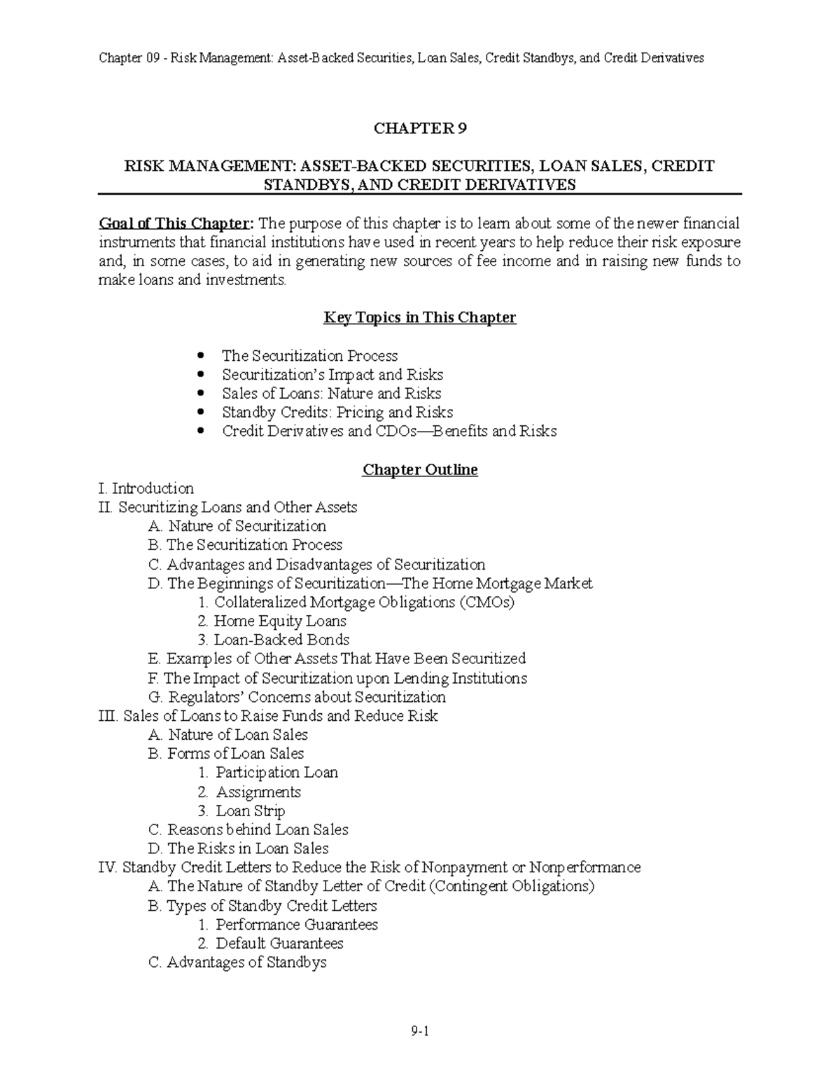 Chap009 - 课后答案 - CHAPTER 9 RISK MANAGEMENT: ASSET-BACKED SECURITIES, LOAN SALES, CREDIT STANDBYS ...