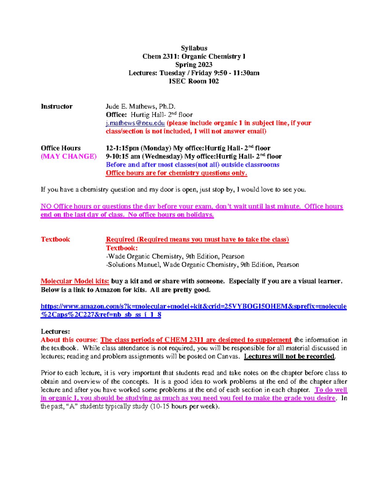 Chem 2311 syllabus(T F) Spring 2023 - Syllabus Chem 2311: Organic ...
