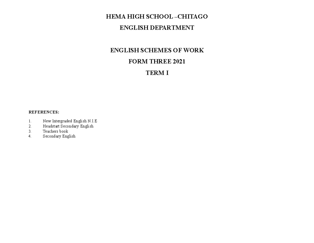 Osugo schemes - HEMA HIGH SCHOOL –CHITAGO ENGLISH DEPARTMENT ENGLISH SCHEMES OF WORK FORM THREE ...