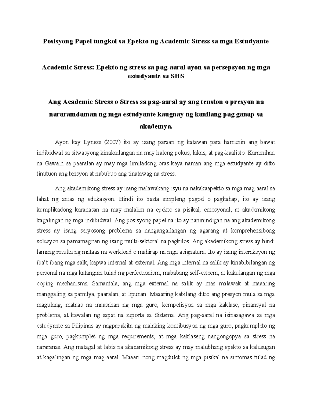 Posisyong Papel tungkol sa Epekto ng Academic Stress sa mga Estudyante ...