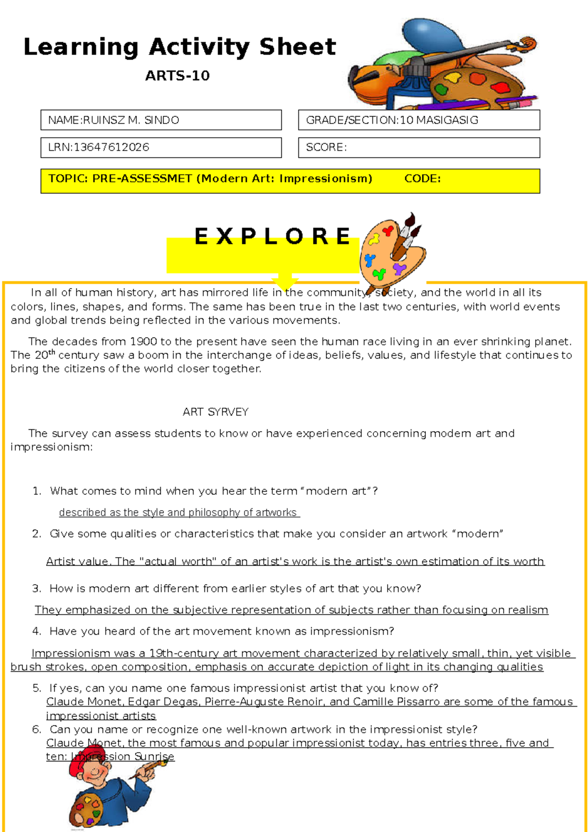 Modern-ART- Impressionsim-2 - Learning Activity Sheet ARTS- NAME:RUINSZ ...
