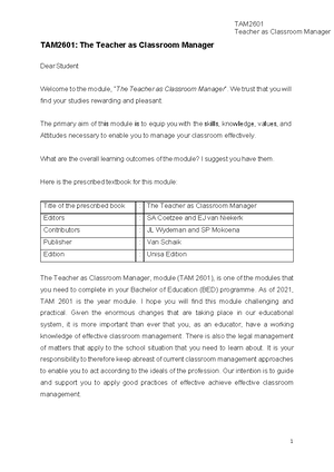 TAM2601 Tut MEMO 2020 - memo - Tutorial Letter 201/2/ The Teacher as Classroom Manager TAM - Studocu