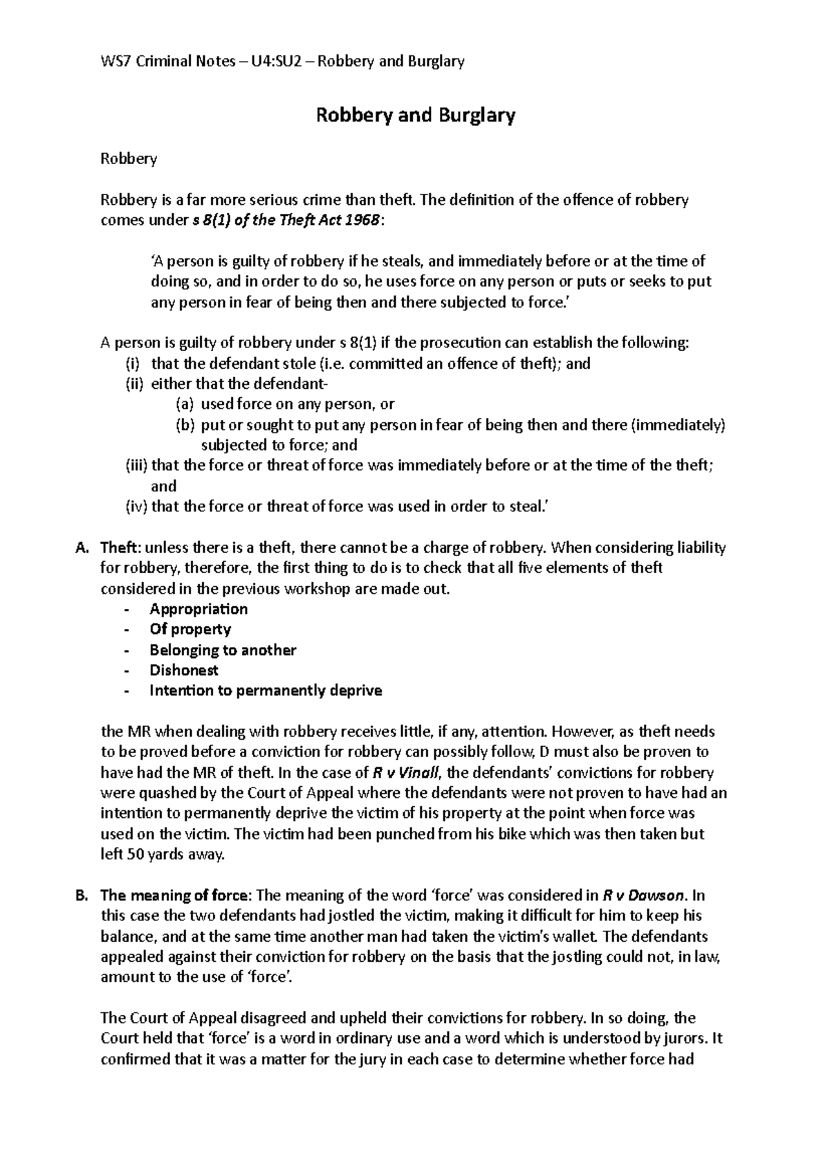 WS7 Criminal Notes – U4-SU2 – Robbery and Burglary - WS7 Criminal Notes ...