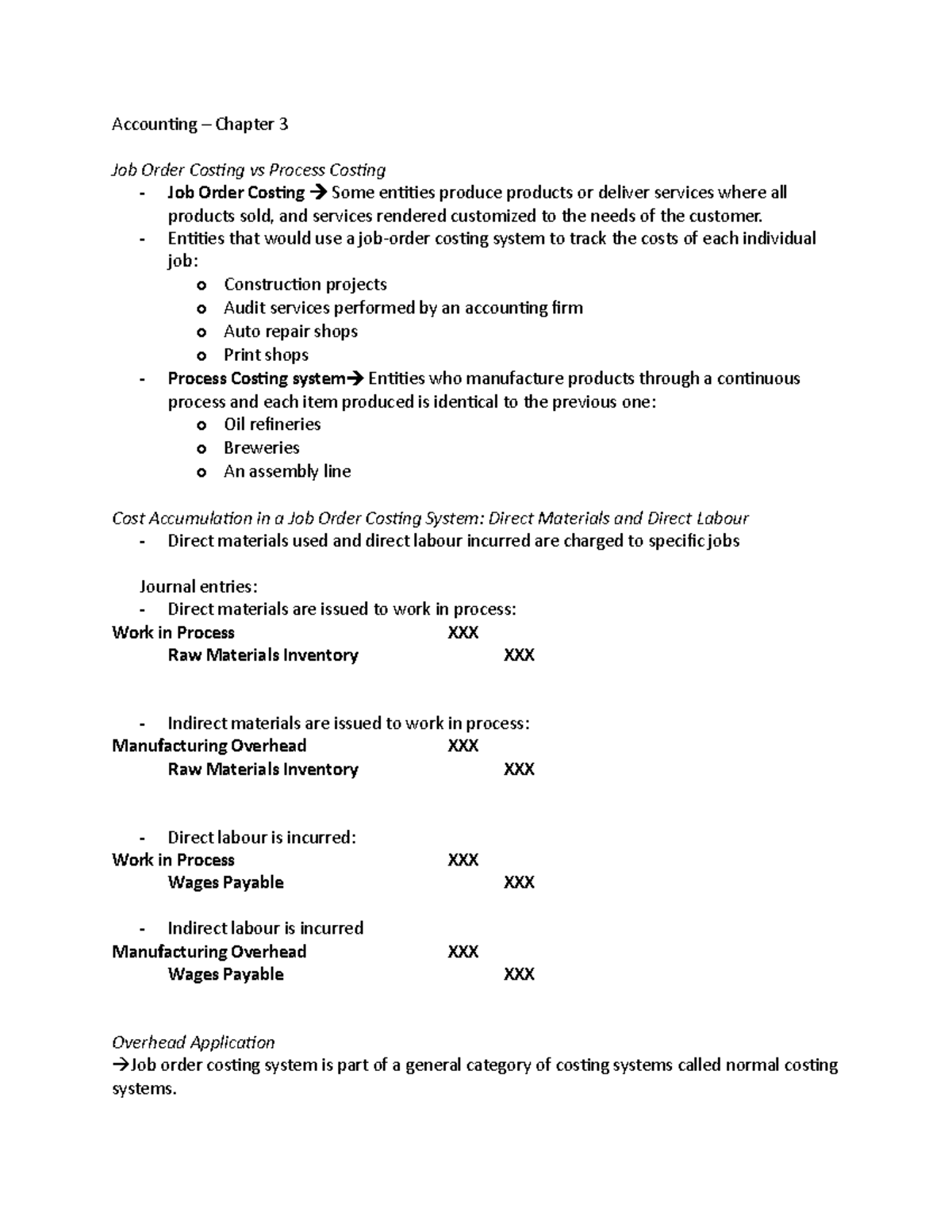 Chapter 3 Notes Job Order Costing Accounting Chapter 3 Job Order