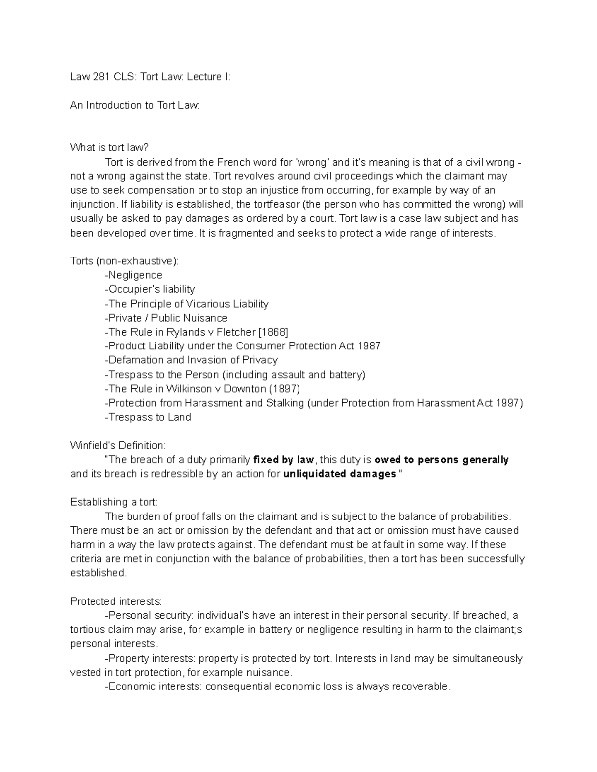 Lecture 1 - Introduction to Tort - Law 281 CLS: Tort Law: Lecture I: An ...
