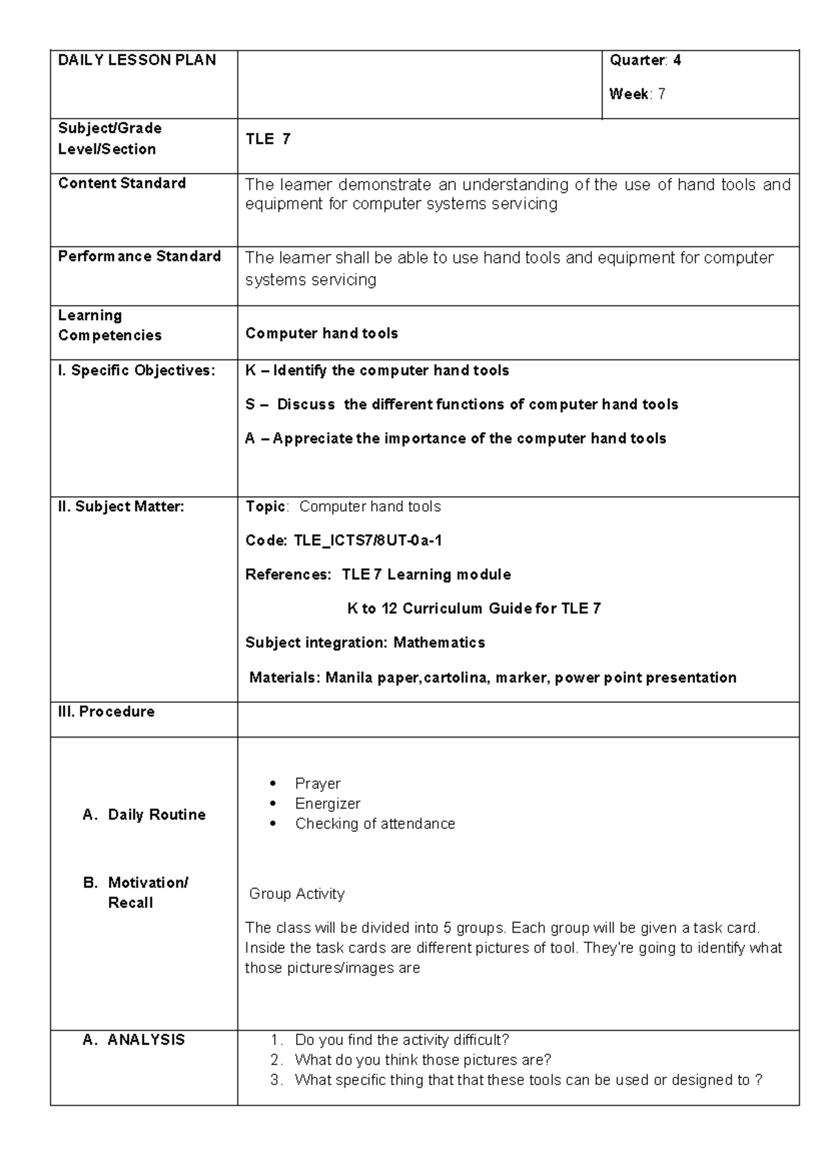 LP TLE7 - DAILY LESSON PLAN Quarter: 4 Week: 7 Subject/Grade Level ...