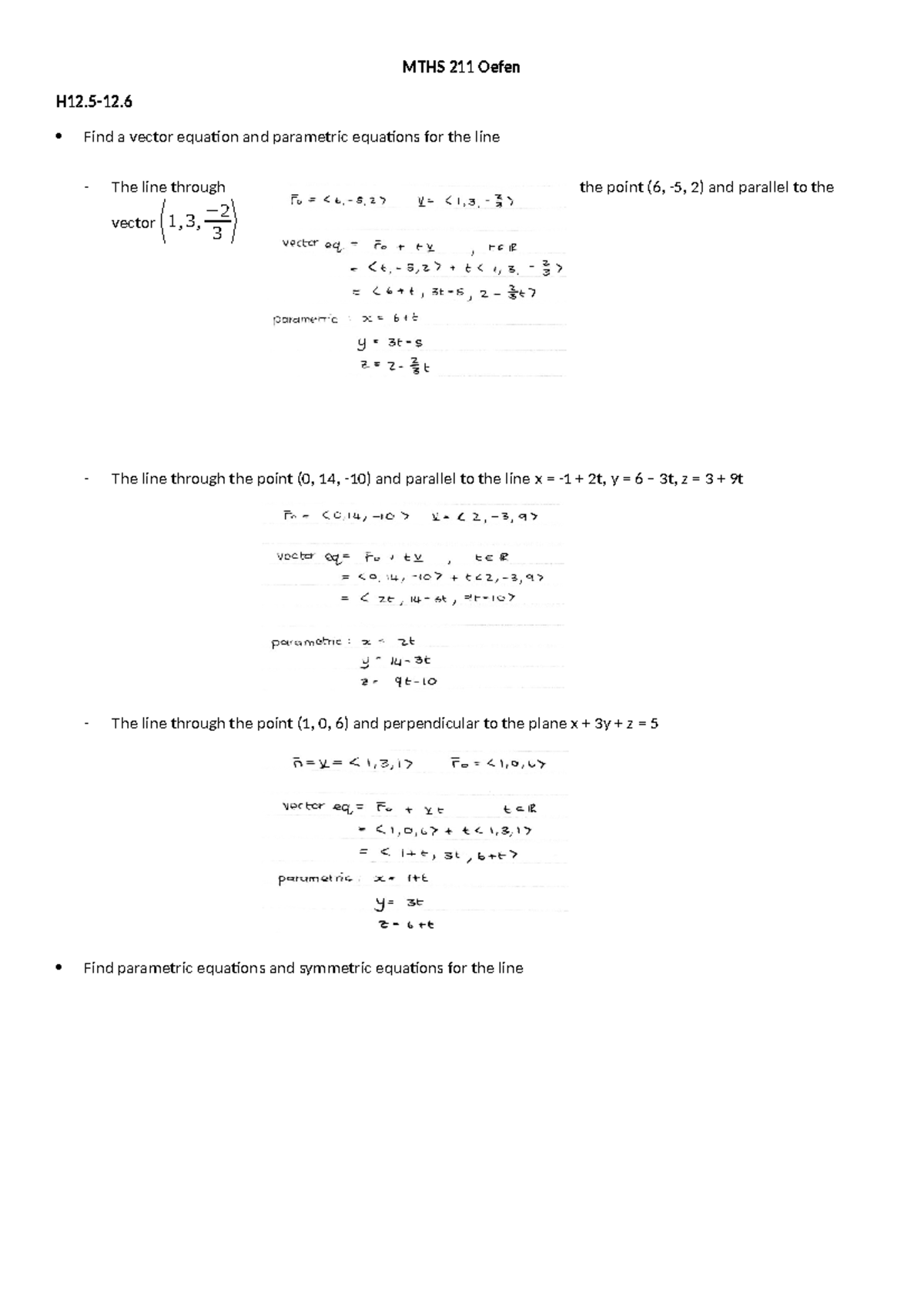 MTHS 211 oefen vrae - MTHS 211 Oefen H12-12. Find a vector equation and ...
