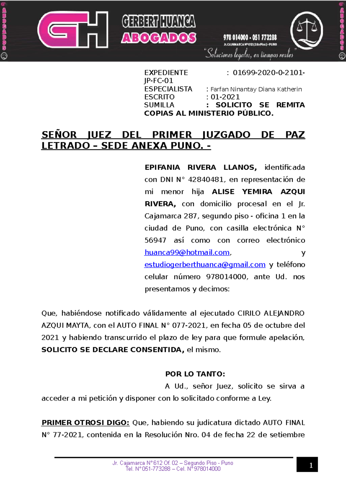 Escrito DE SE Remita Copias AL Ministerio Publico - Jr. Cajamarca N ...